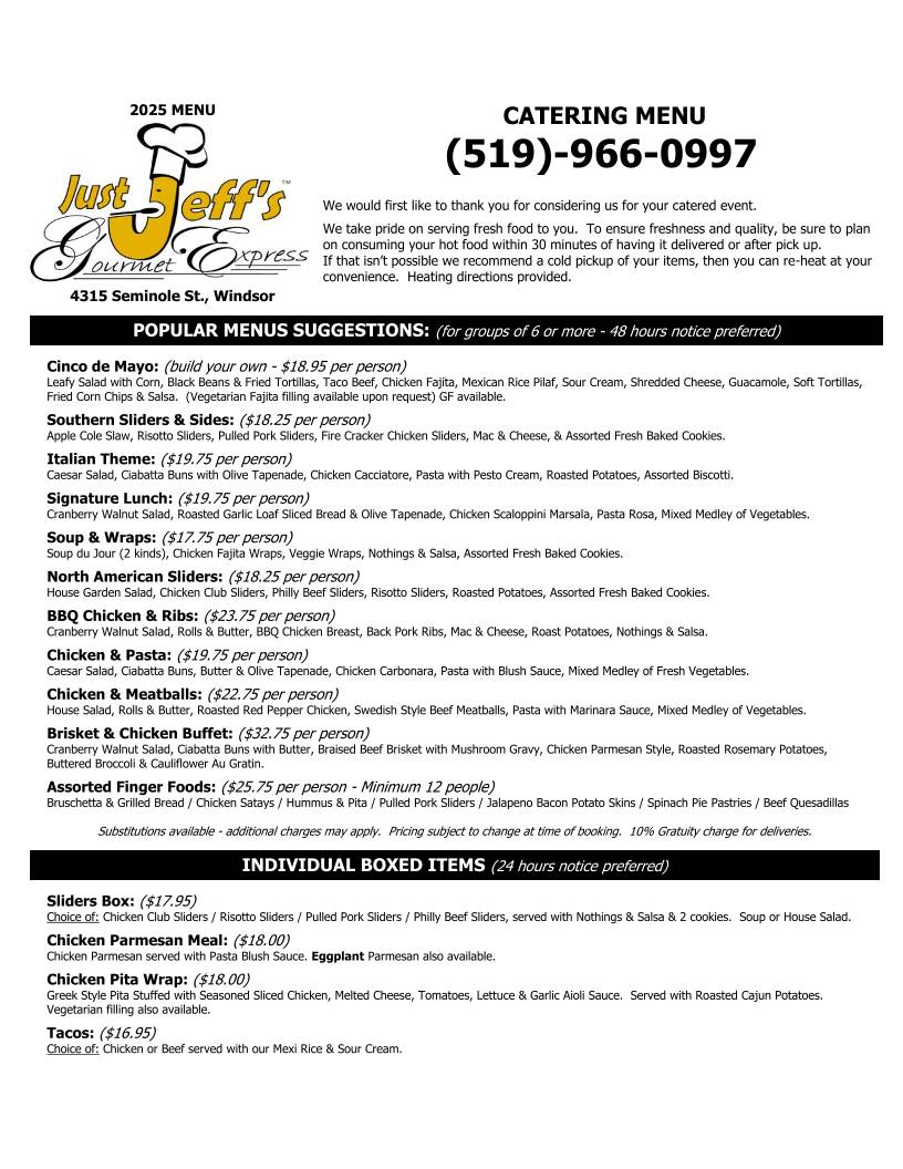 Menu at Just Jeff's Gourmet Express restaurant, Windsor