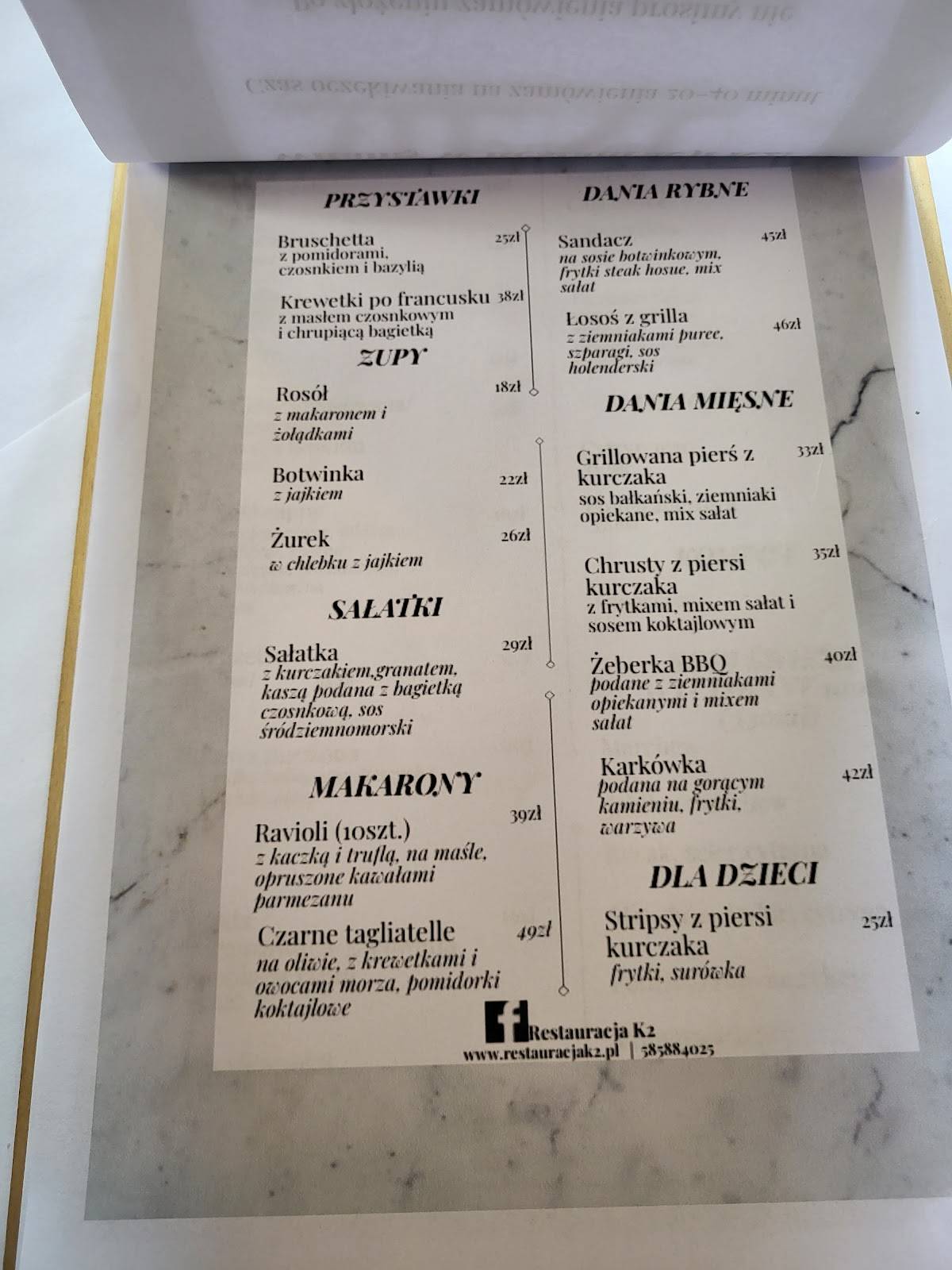 Menu at K2 restaurant, Borzechowo
