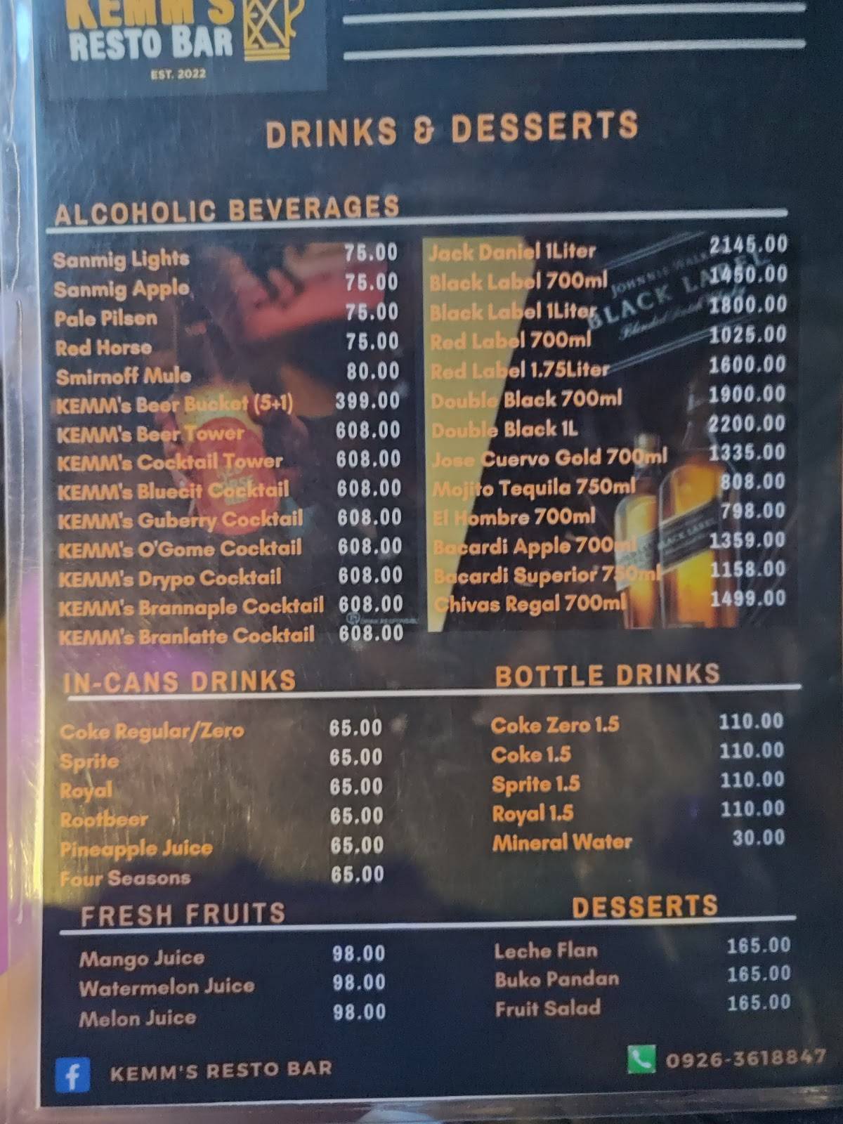 Menu at KEMM'S Restobar, Manila