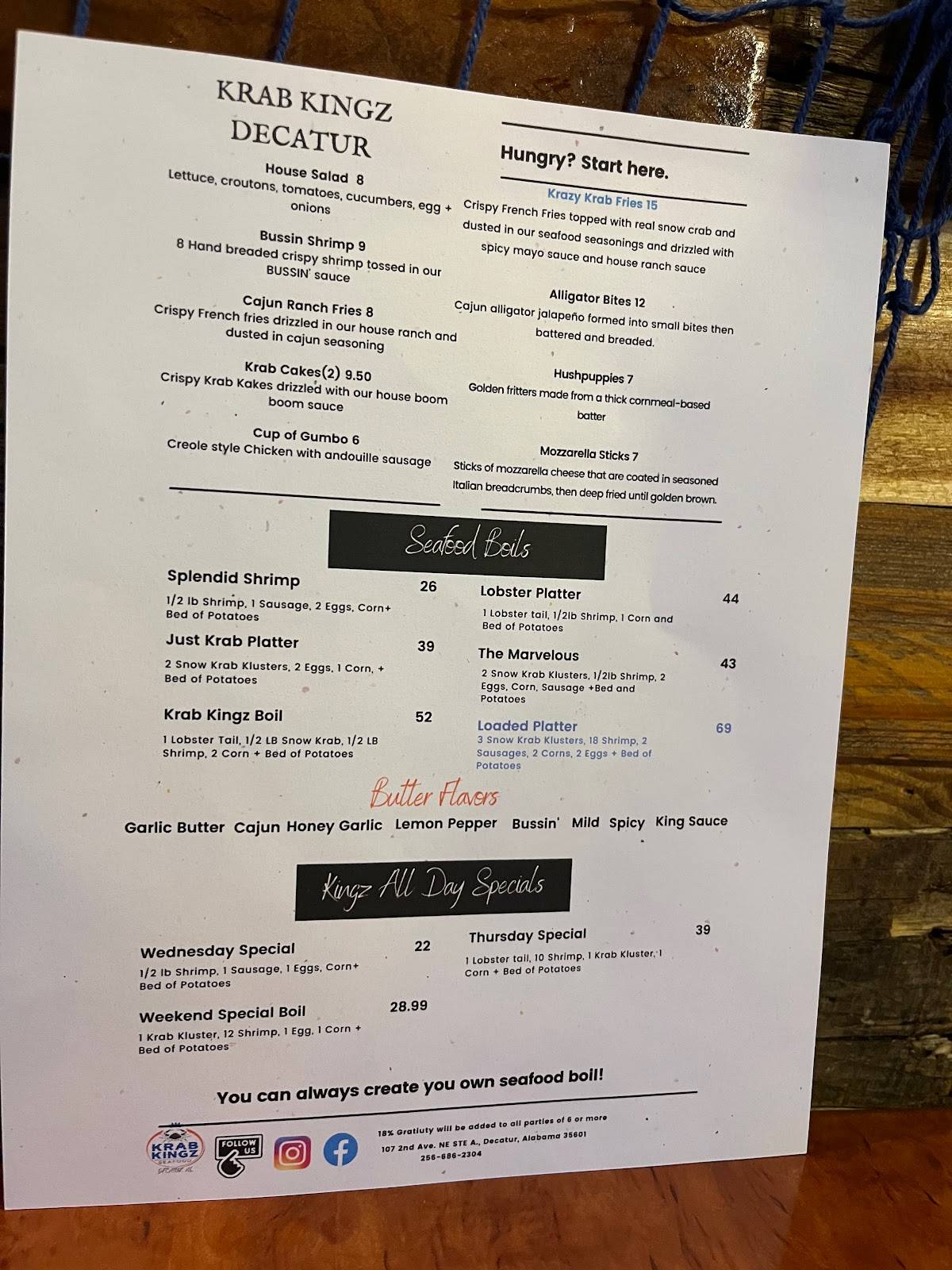 Menu at KRAB KINGZ SEAFOOD restaurant, Decatur