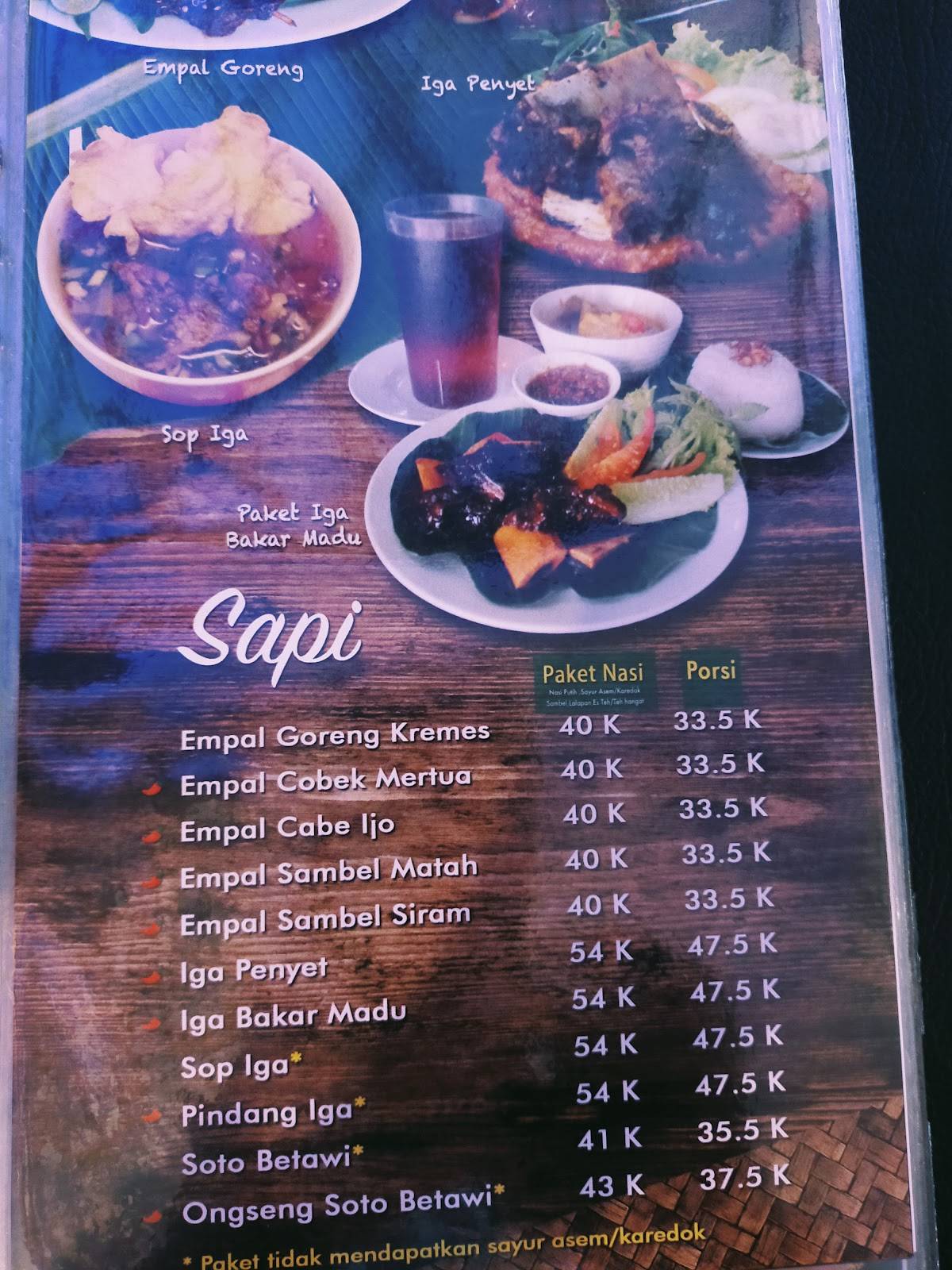 Menu at Kampung Kecil Panam restaurant, Pekanbaru