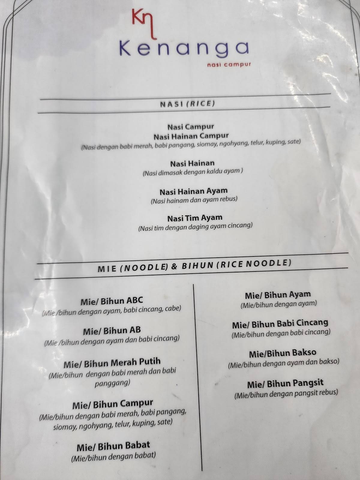 Menu at Kana by Kenanga restaurant, South Jakarta, Grand Wijaya Center