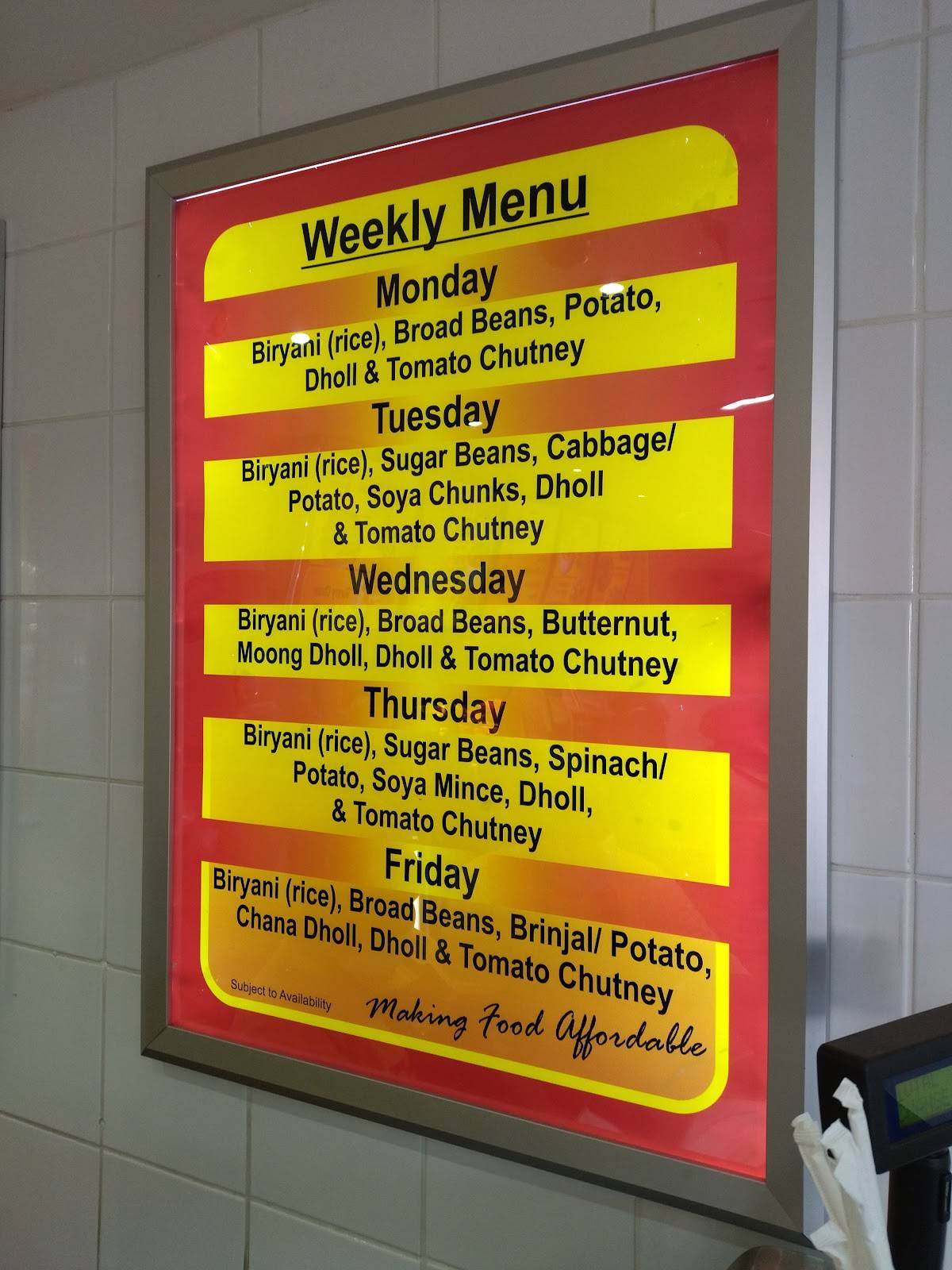 Menu at Kara Nichha's restaurant, Pietermaritzburg, 64 Alan Paton Ave