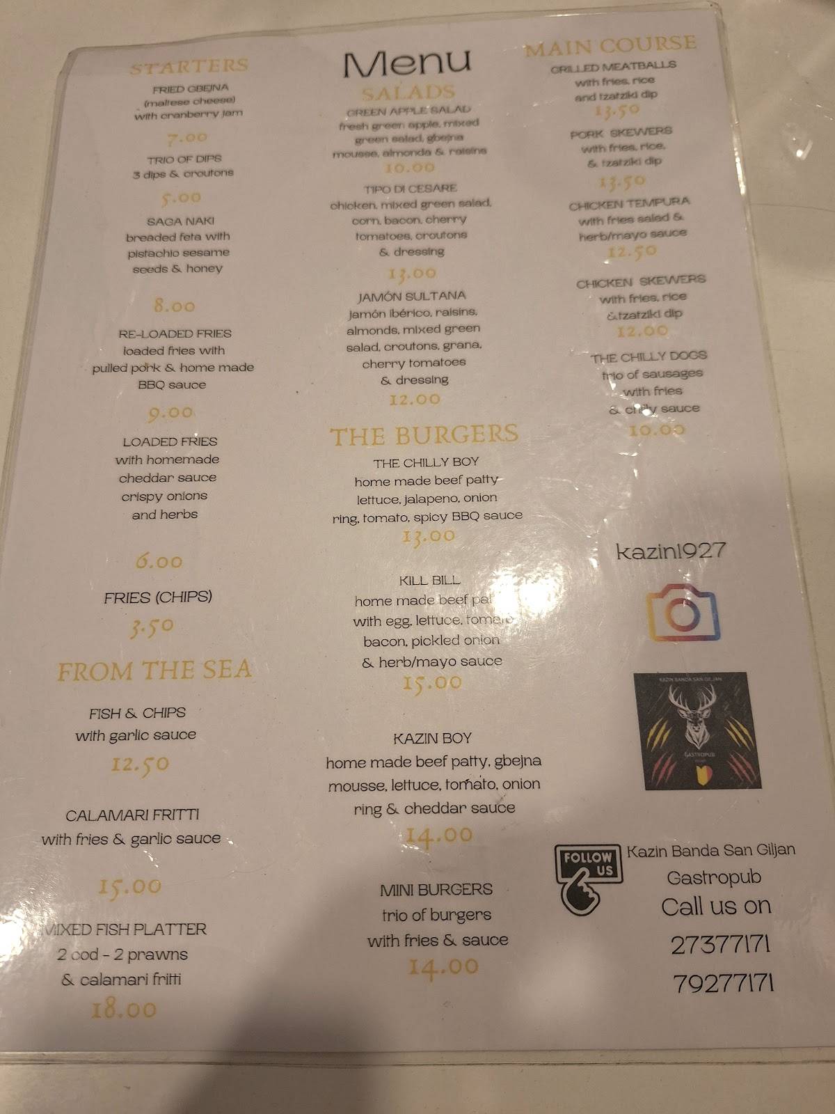 Menu at Kazin Banda San Ġiljan Gastropub, Saint Julian's