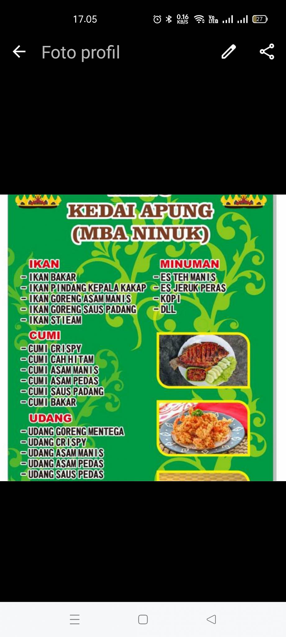 Menu at Kedai Apung Mba Ninuk restaurant, Indonesia