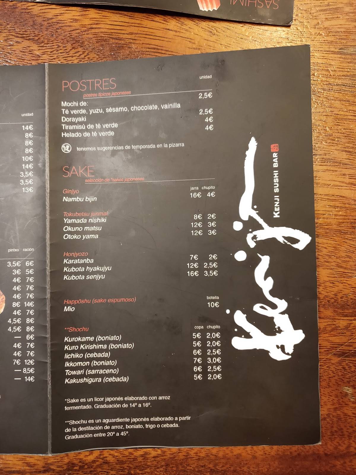 Carta de Kenji Sushi Bar Calle Mayor, San Sebastián