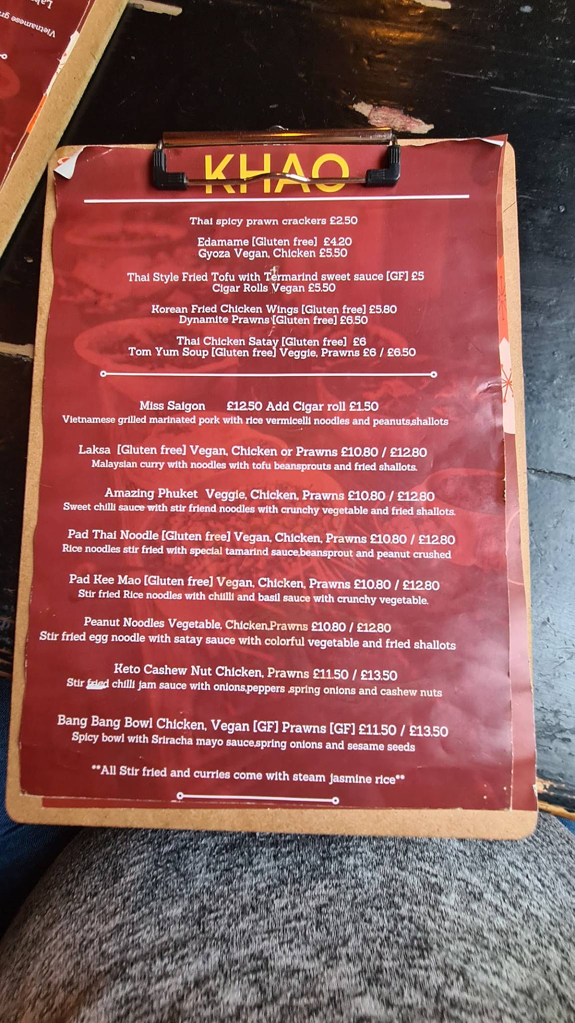Menu at Khao restaurant, Belfast