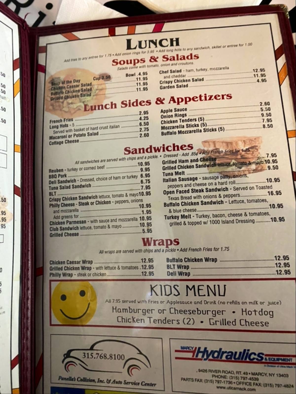 Menu at Killino's Riverside Diner restaurant, Utica