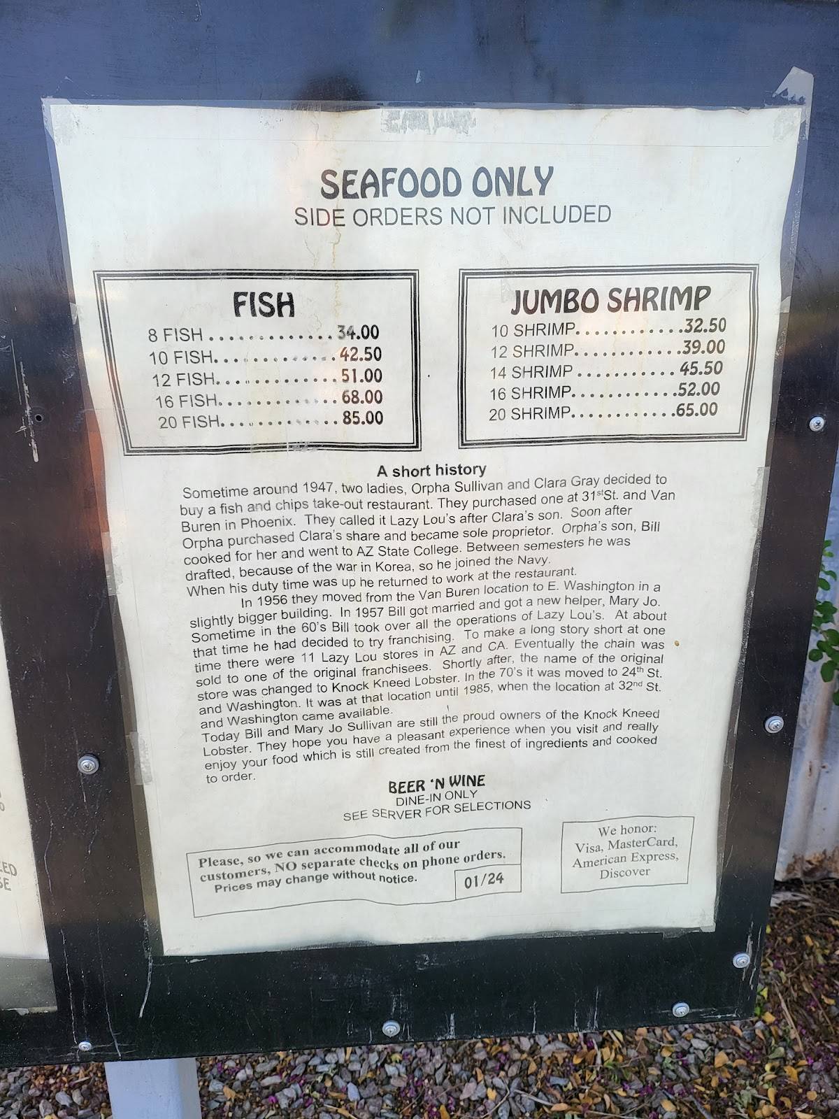 Menu at Knock Kneed Lobster restaurant, Phoenix