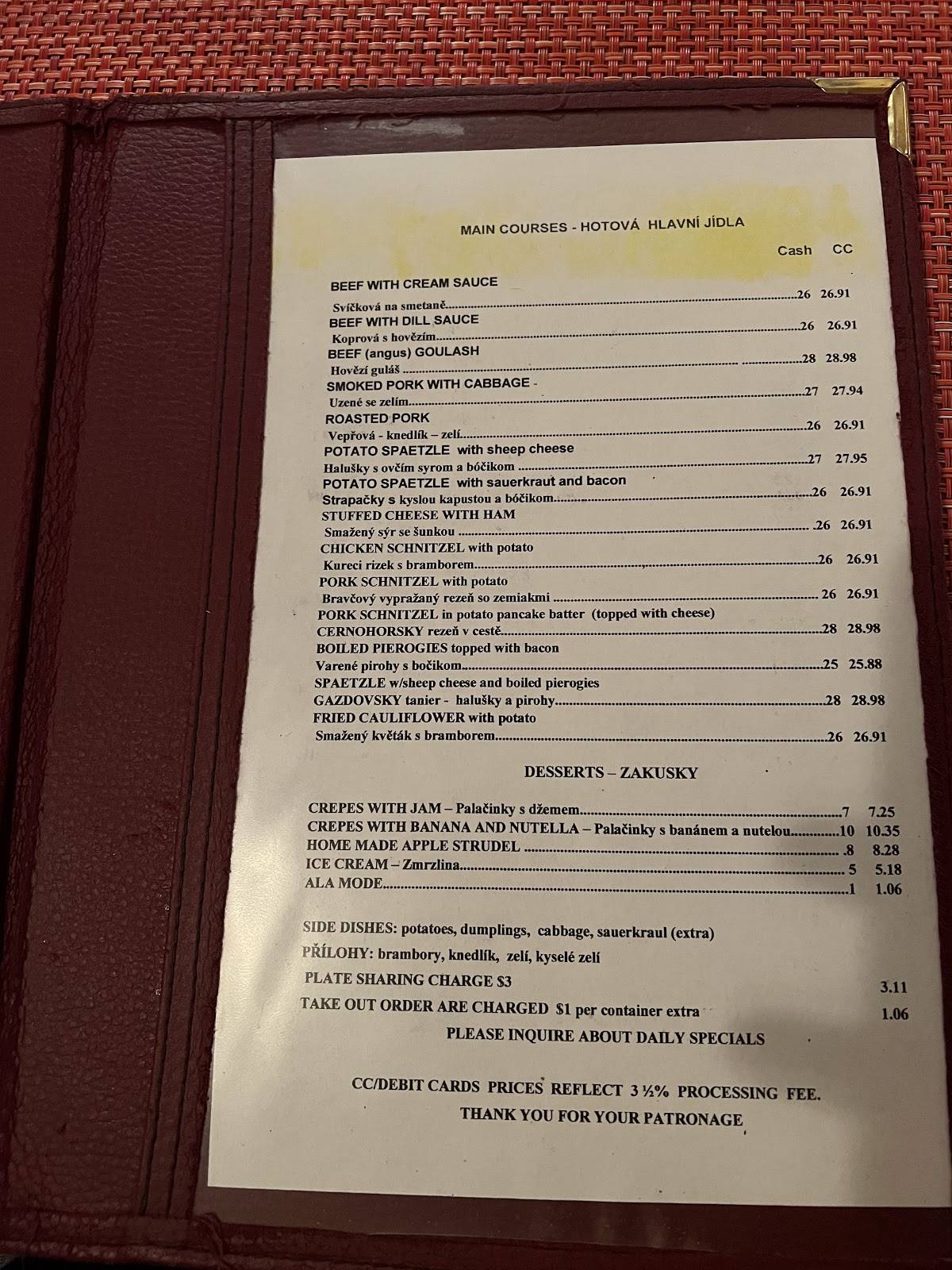 Menu at Koliba restaurant, New York City