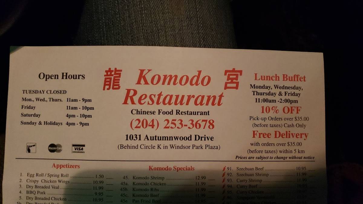 Menu at Komodo Chinese Restaurant, Winnipeg