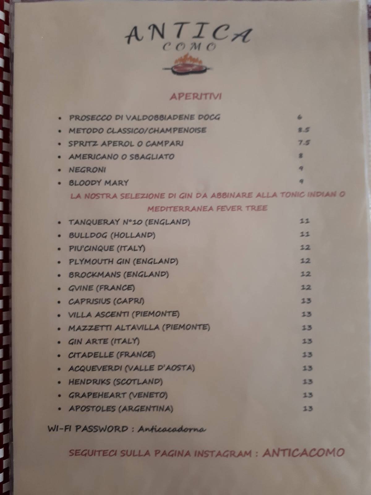 Меню ресторана L’Antica Trattoria, Комо