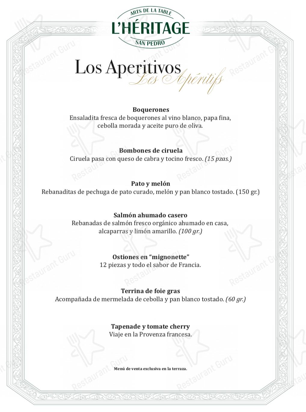 Carta del restaurante Cerrado permanentemente - L'Héritage, San Pedro ...