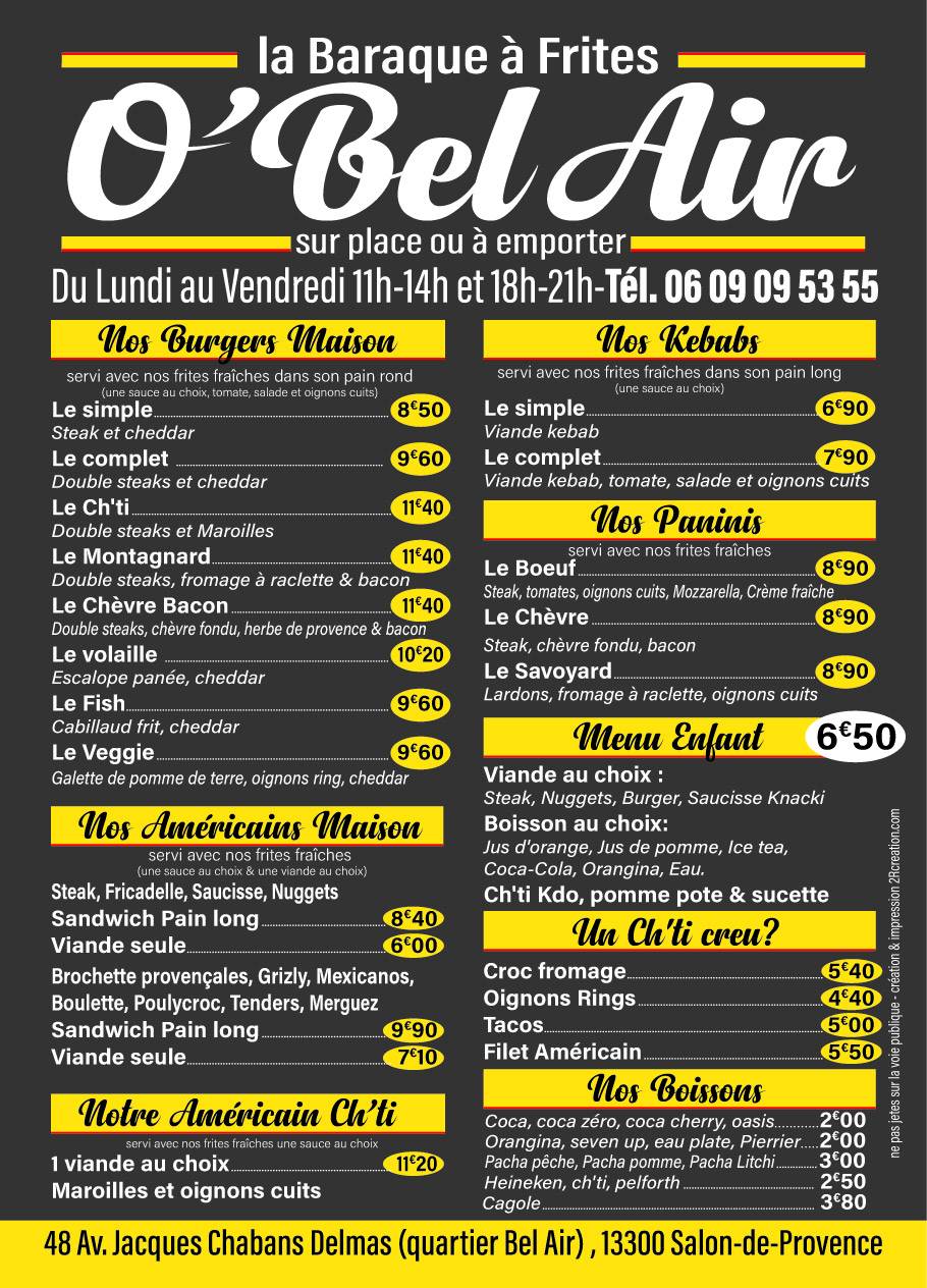 Menu au La Baraque À Frites O'bel Air, Salon-de-Provence