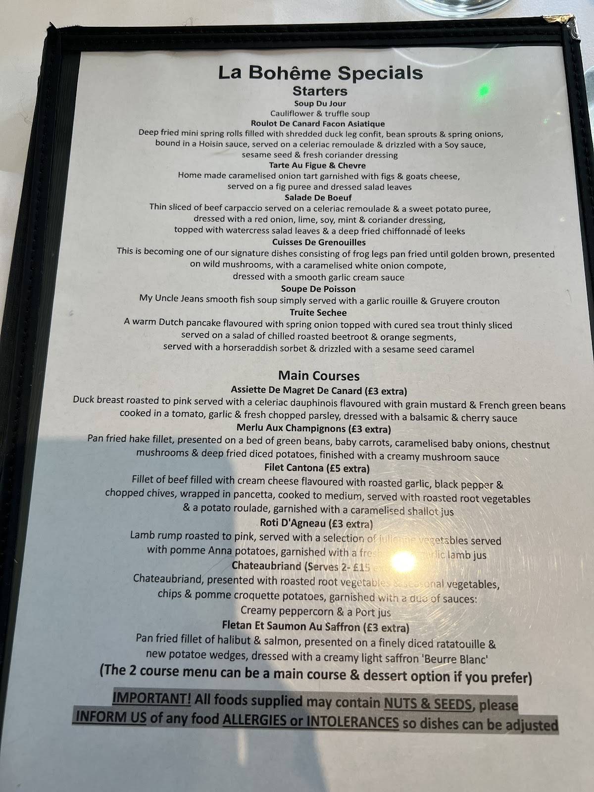 Menu at La Boheme restaurant, Lymm
