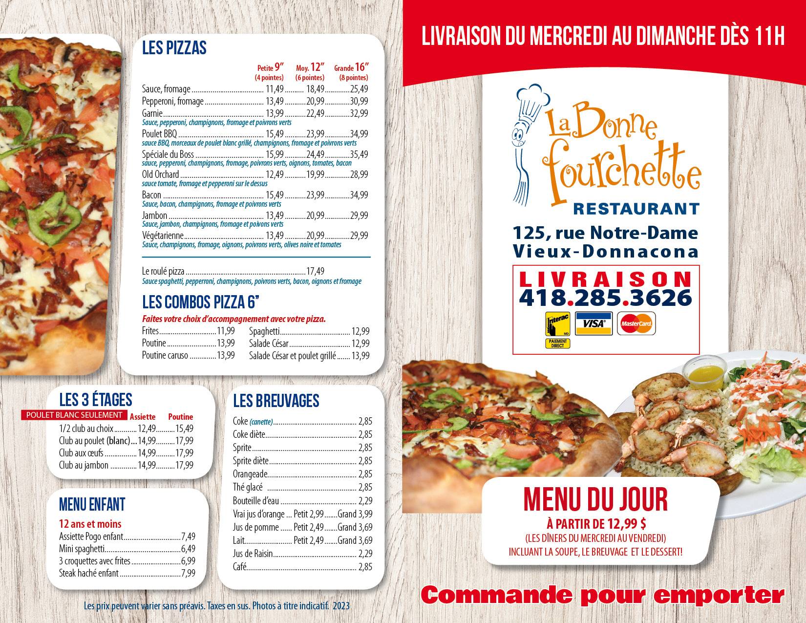 Menu au Restaurant La Bonne Fourchette, Donnacona