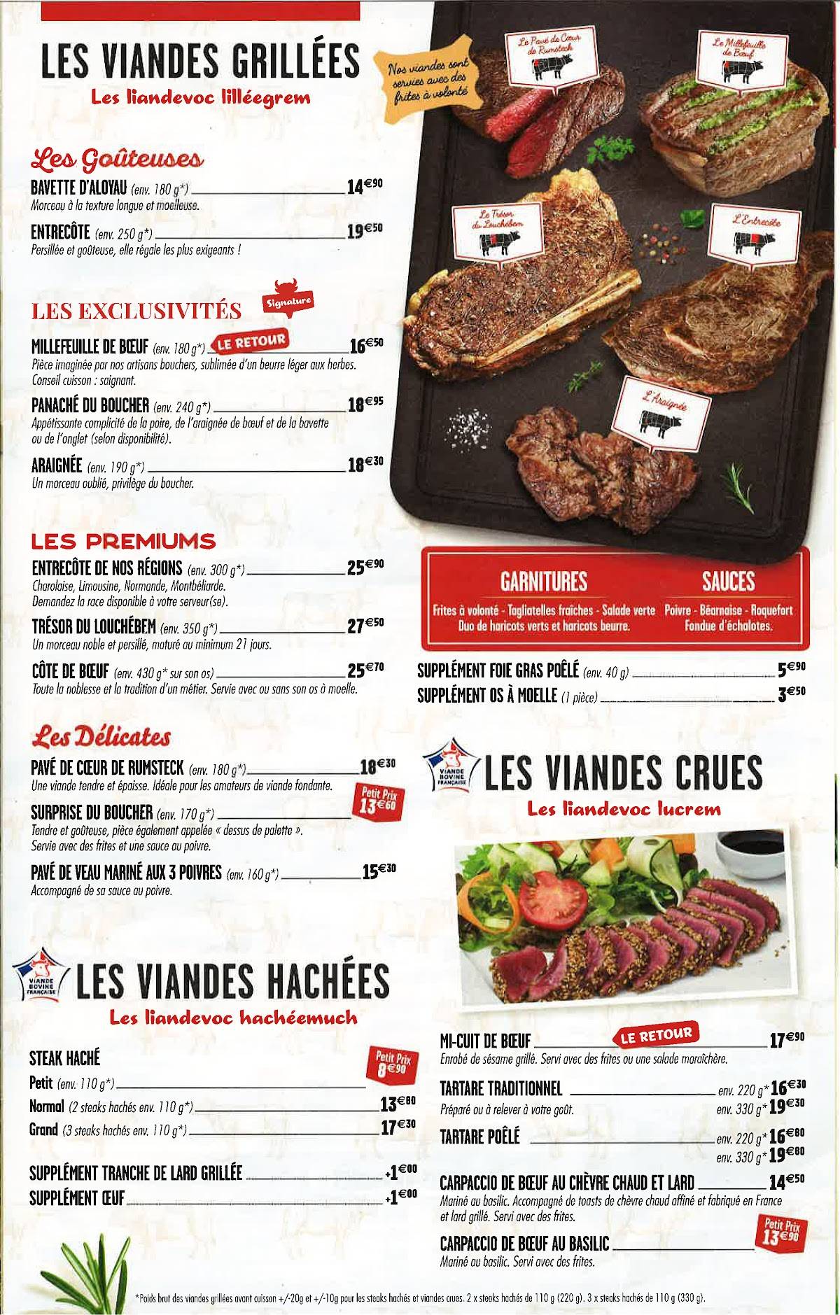 Menu au Restaurant La Boucherie, Biron
