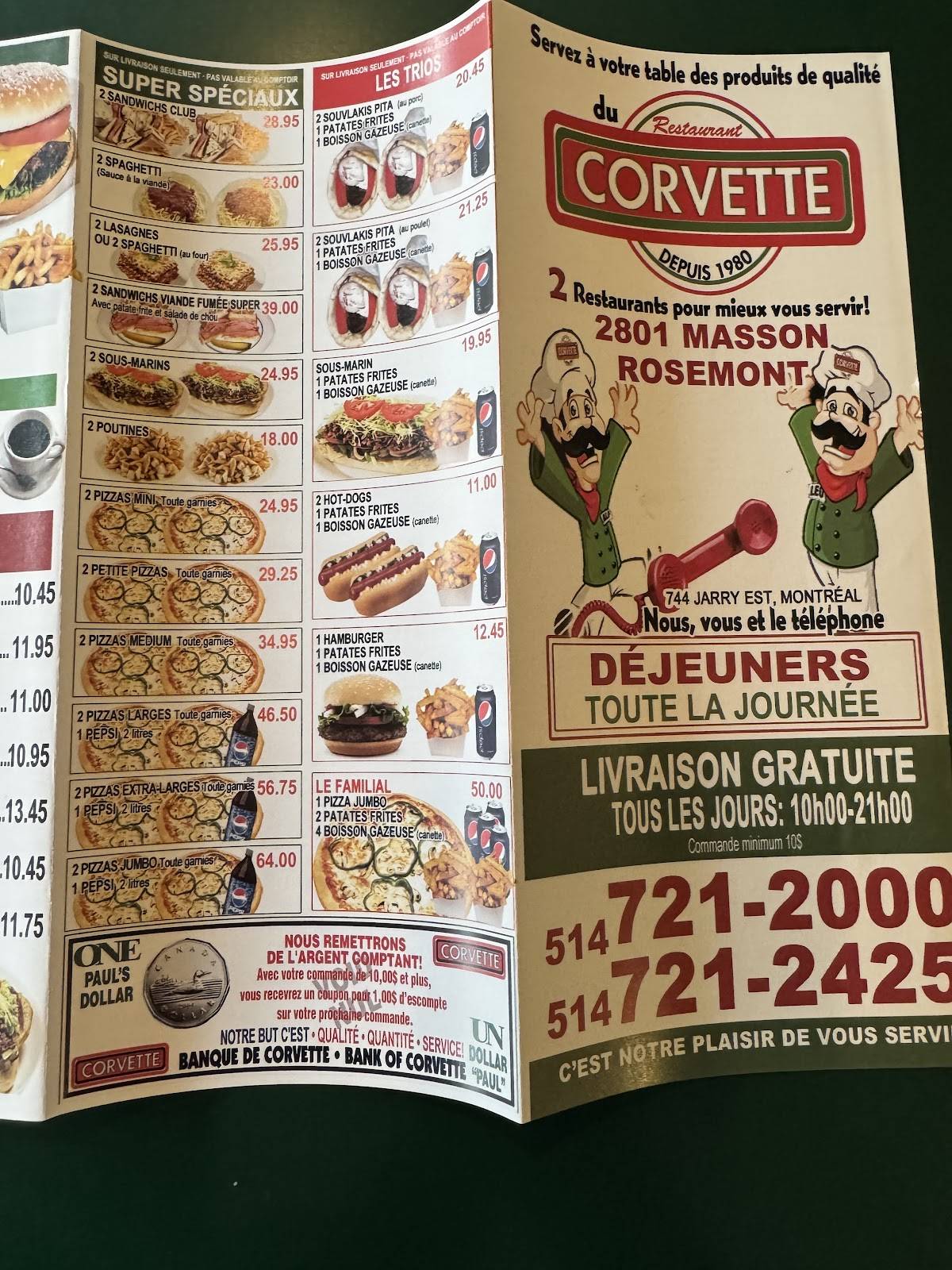 Menu at Restaurant La Corvette, Montréal, Rue Masson