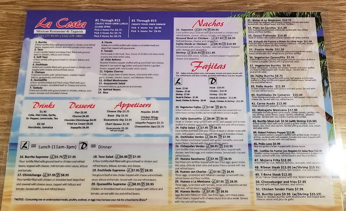 Menu at La Costa Méxican Restaurant, Montgomery