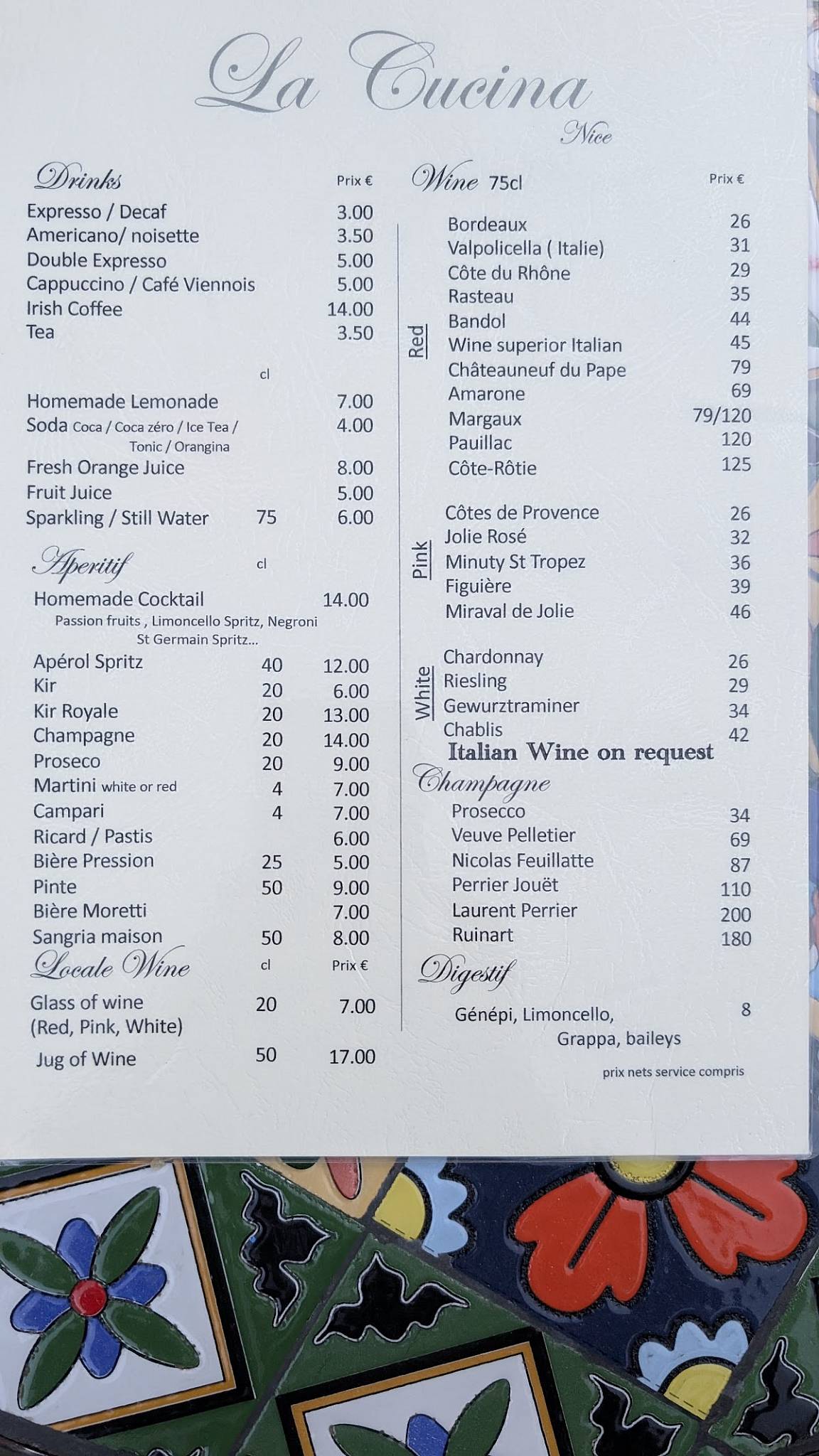 Menu at LA. CUCINA restaurant, Nice