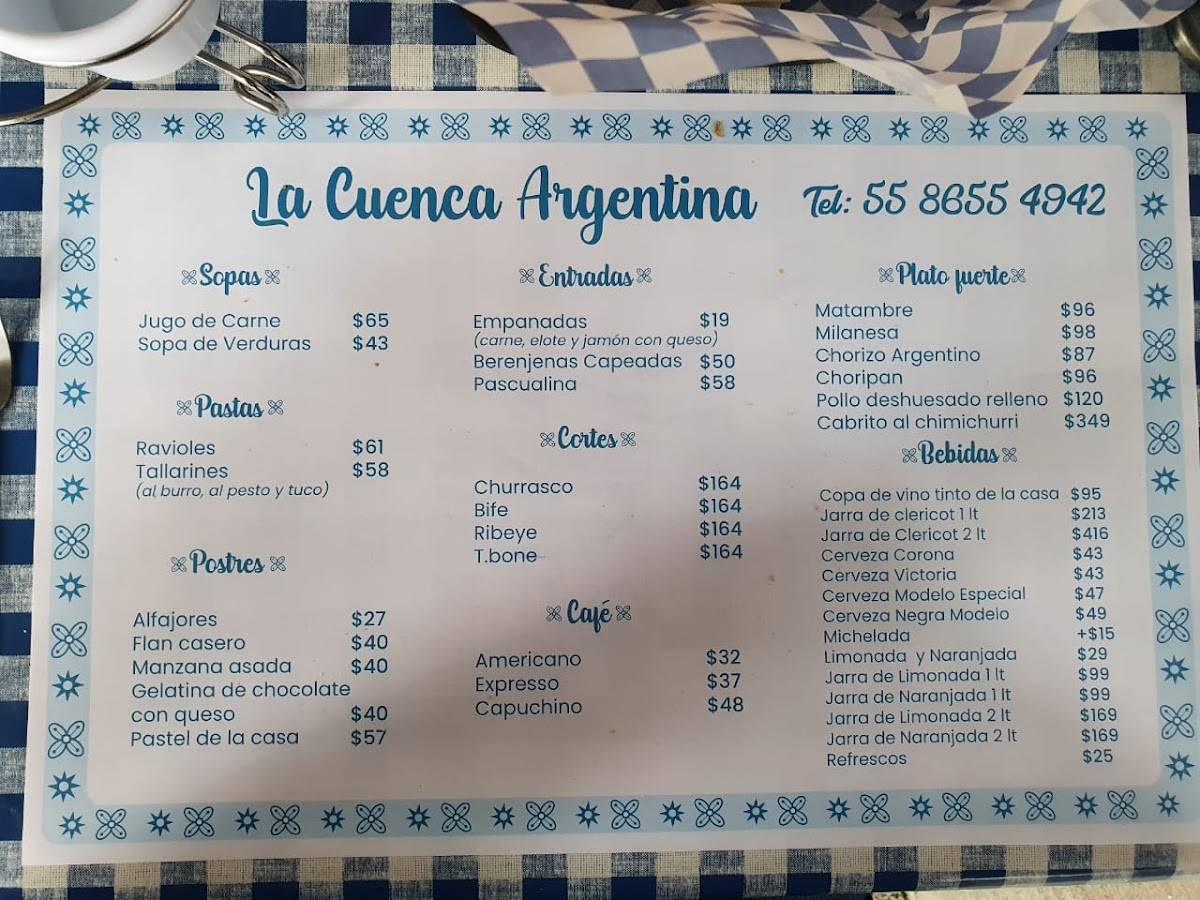 Carta del restaurante La Cuenca Argentina, Ciudad del México