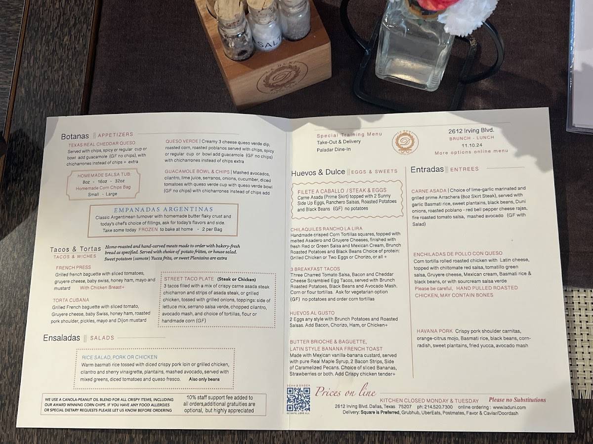 Menu at La Duni Latin Cafe, Dallas, Irving Blvd