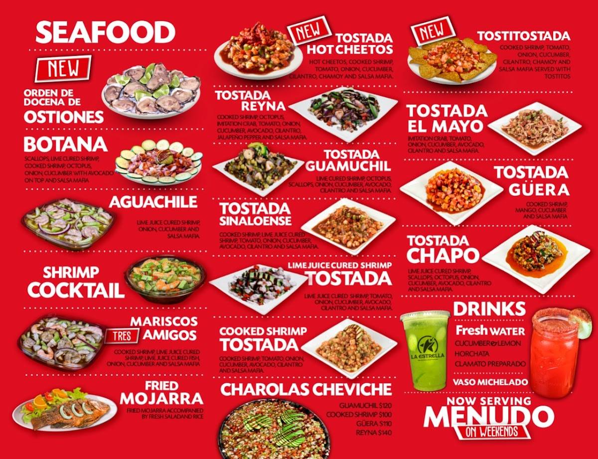 Menu at La Estrella Tacos & Seafood restaurant, Manteca, Daniels St