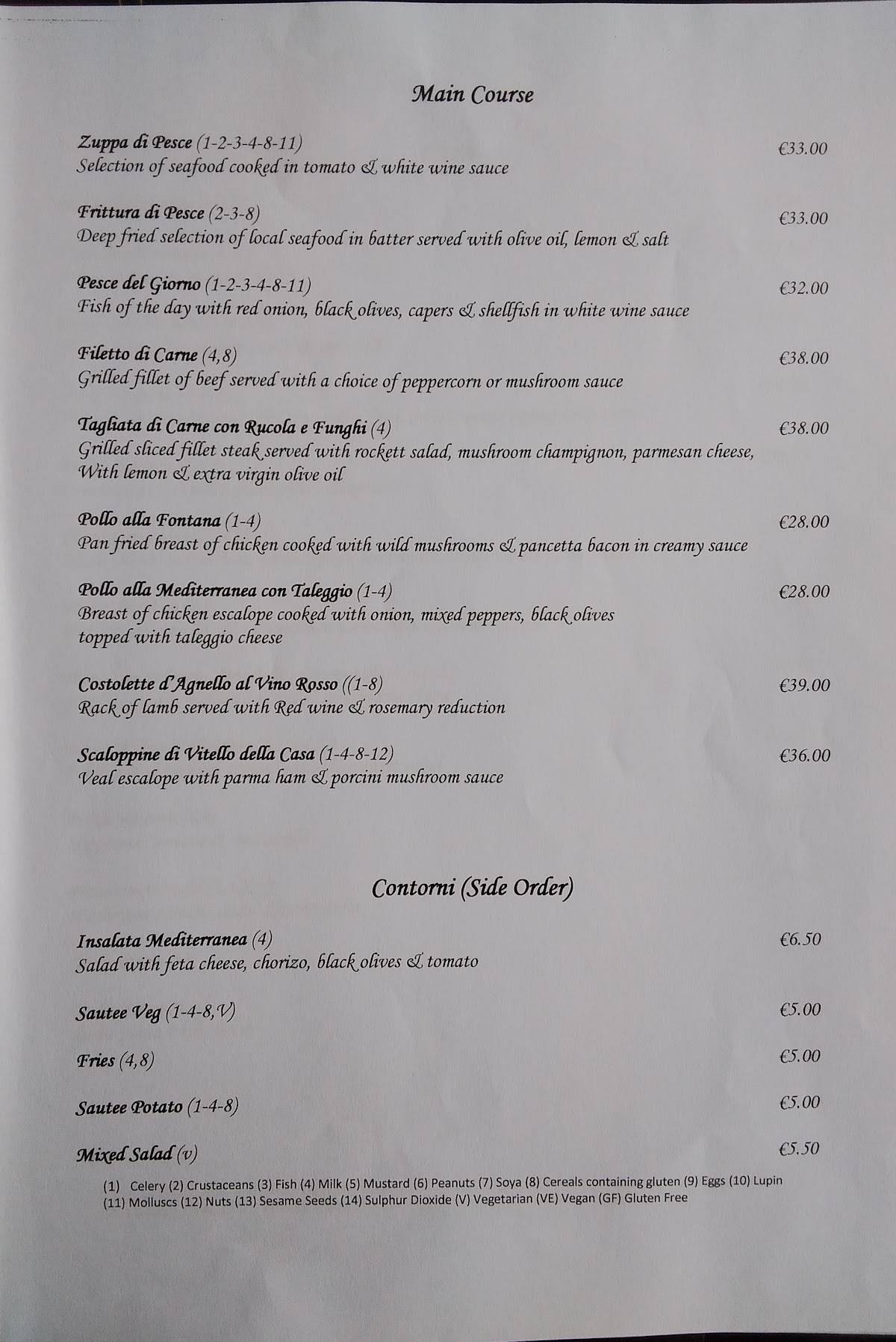 Menu at La Fontana restaurant, Waterford