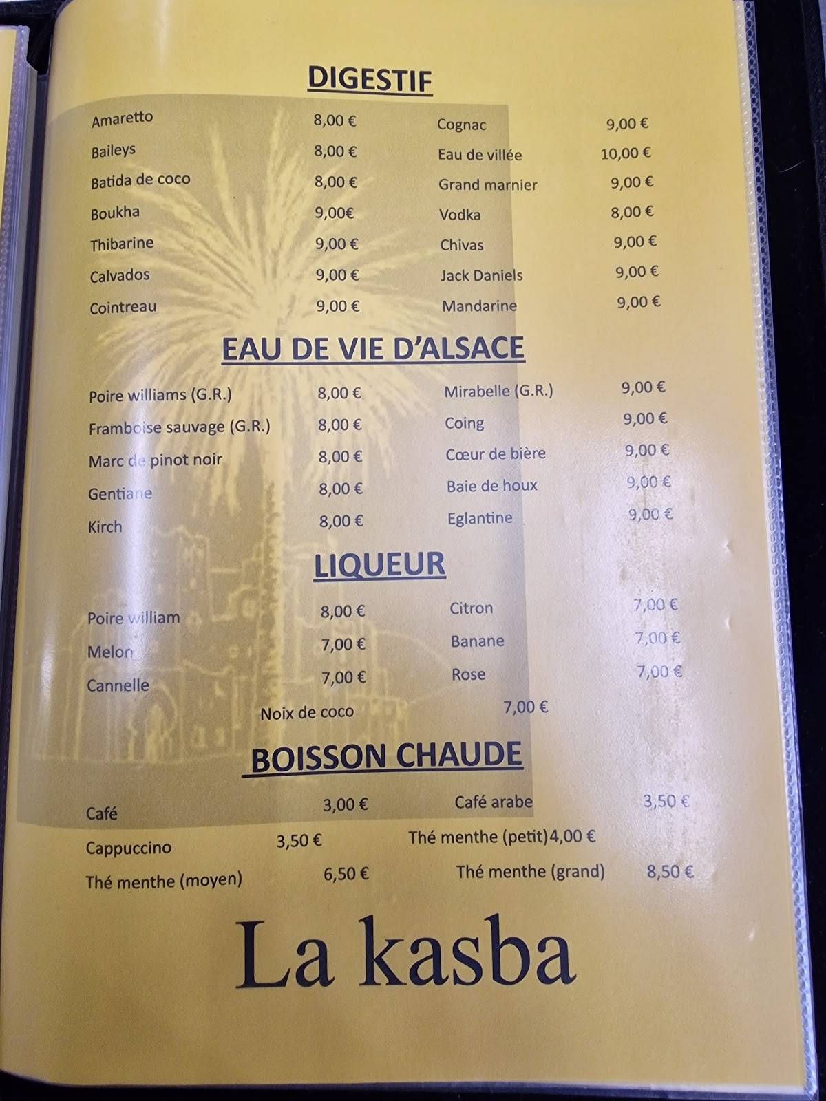 Menu au La Kasba cuisine marocaine, Fleurus