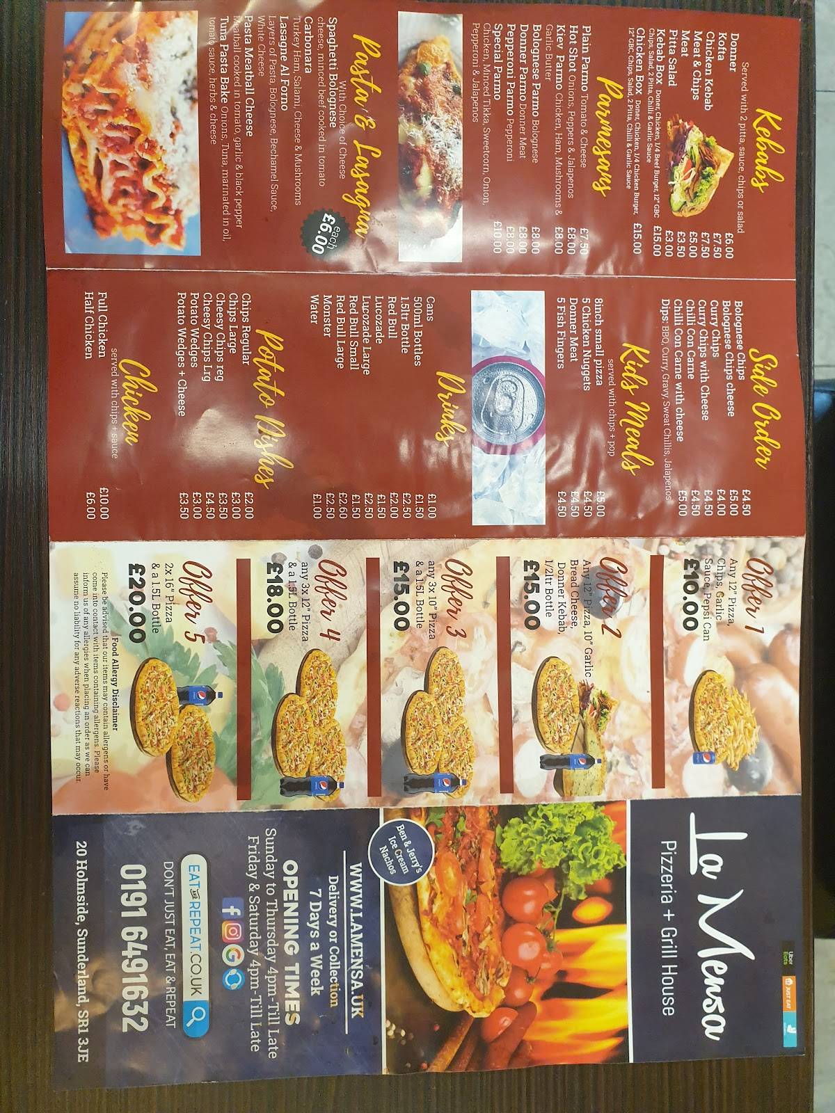 Carta de La Mensa Pizzeria & Grill House, Sunderland
