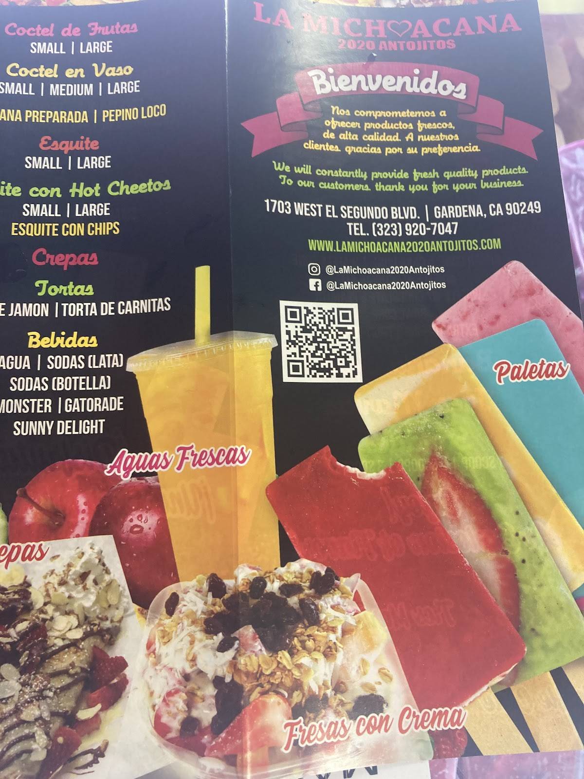 Menu at La Michoacana 2020 Antojitos restaurant, Gardena