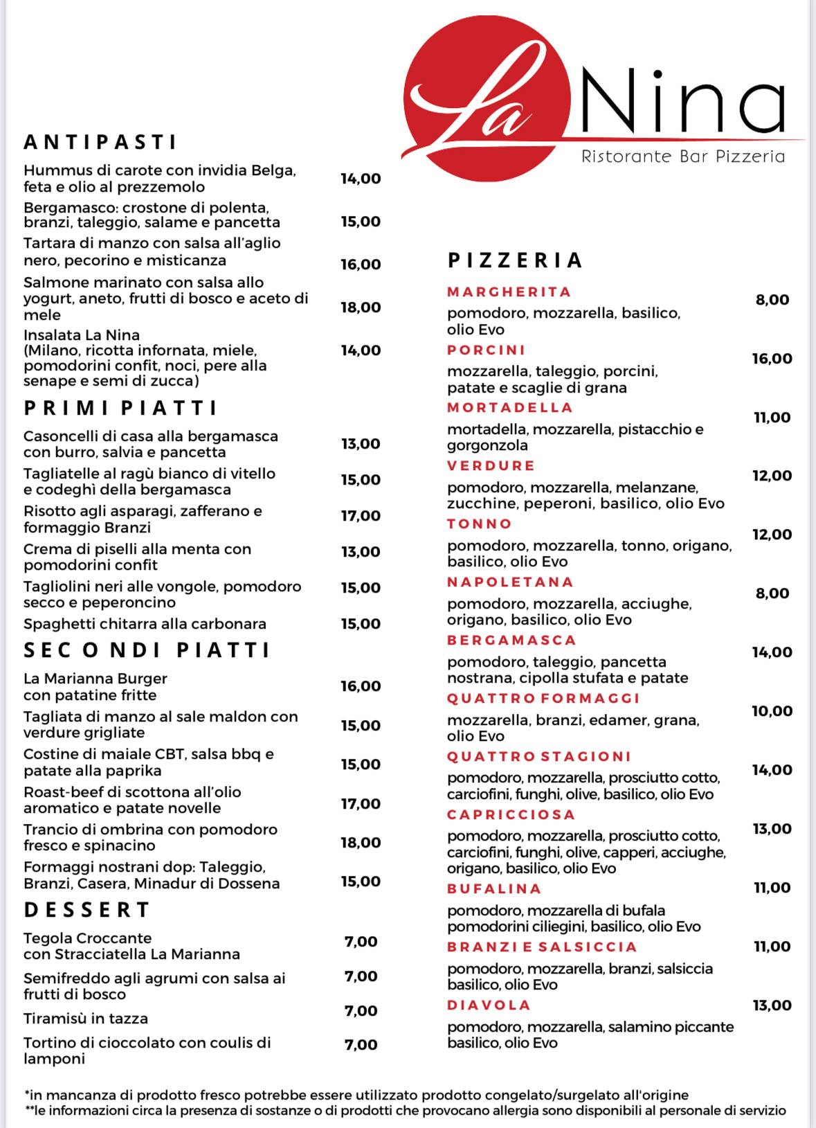 Menu da La Nina ristorante, Bergamo