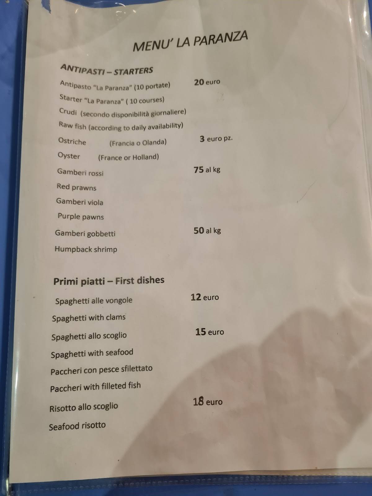 Menu da La Paranza ristorante, Roma, Via Dacia