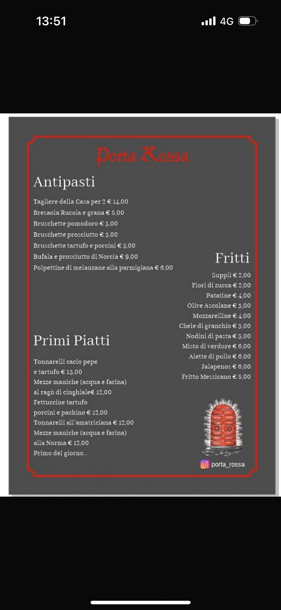 Carta del restaurante Porta Rossa, Bracciano