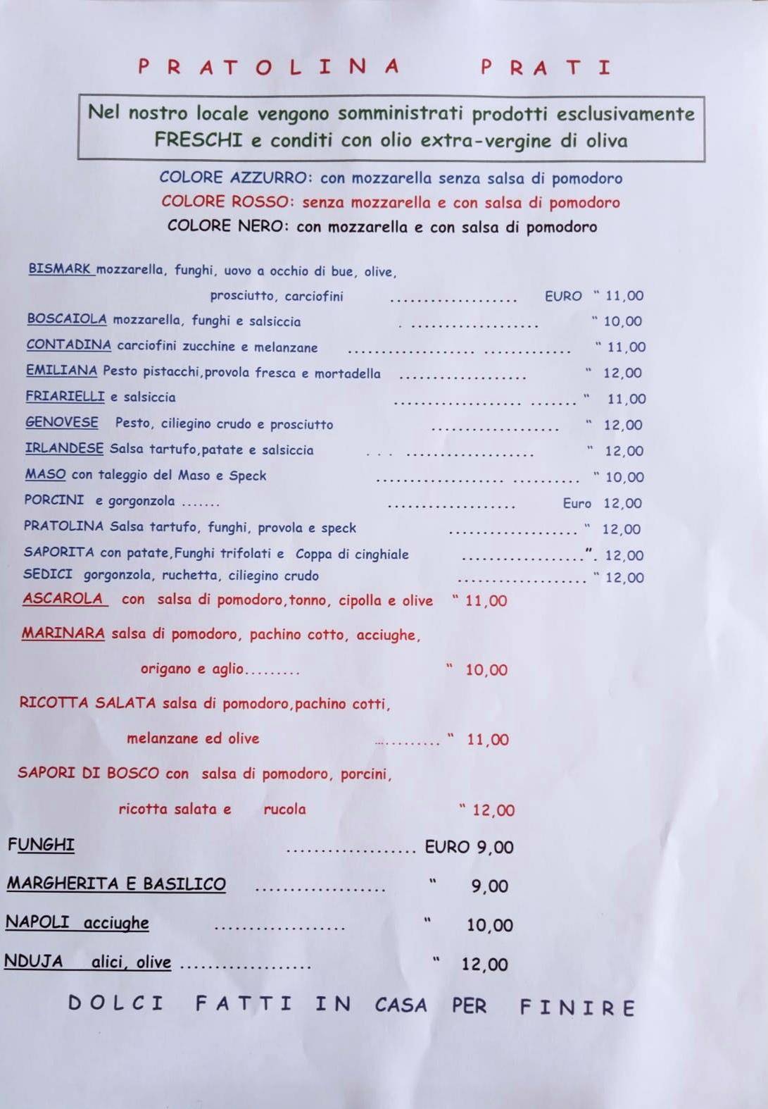 Menu da La Pratolina ristorante, Roma, Via degli Scipioni