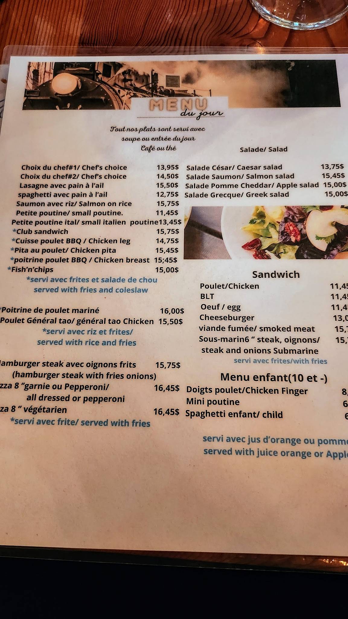 Menu au Restaurant La Vieille Gare de Richmond, Richmond
