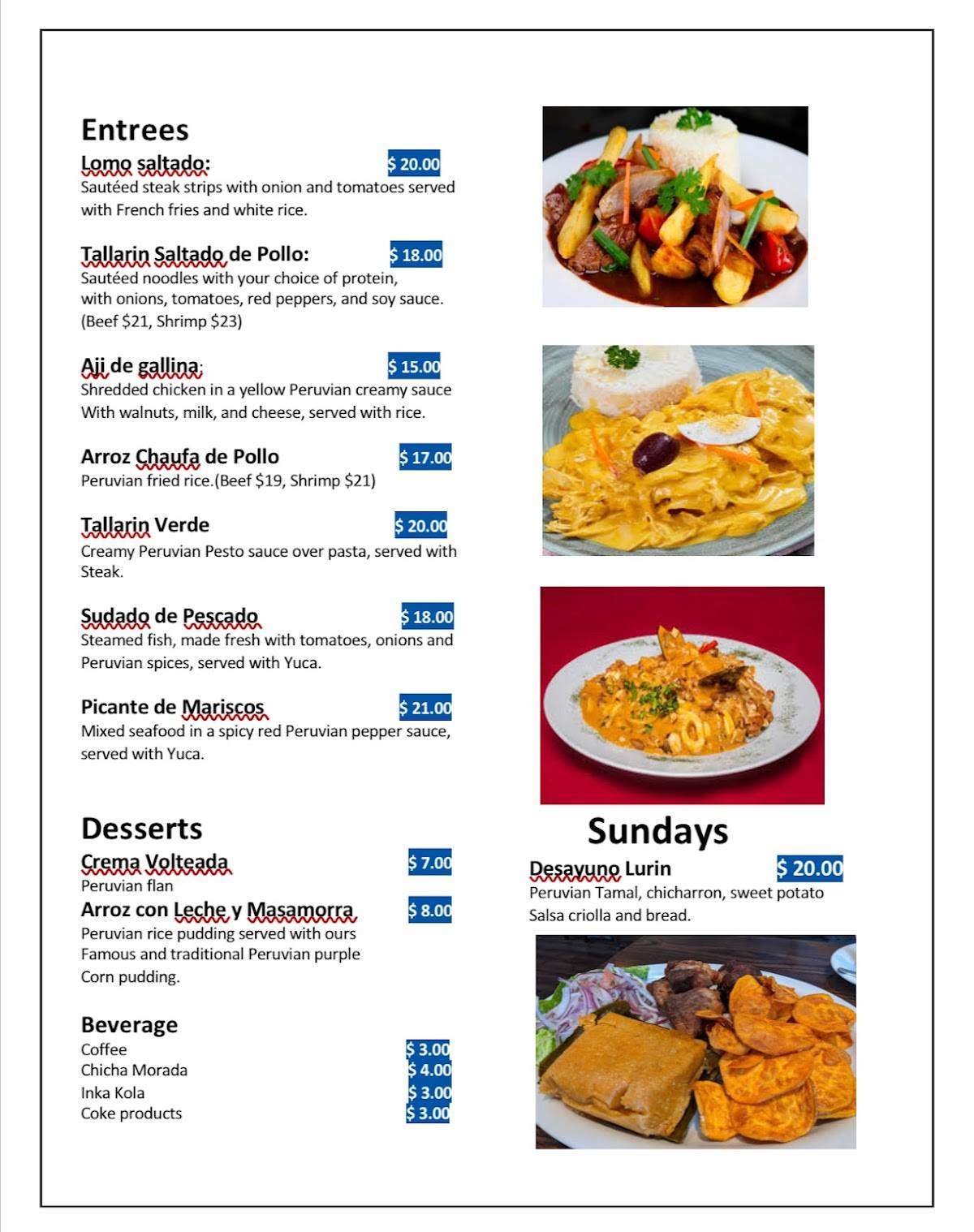 Menu at La tradición Peruvian restaurant, Port St. Lucie