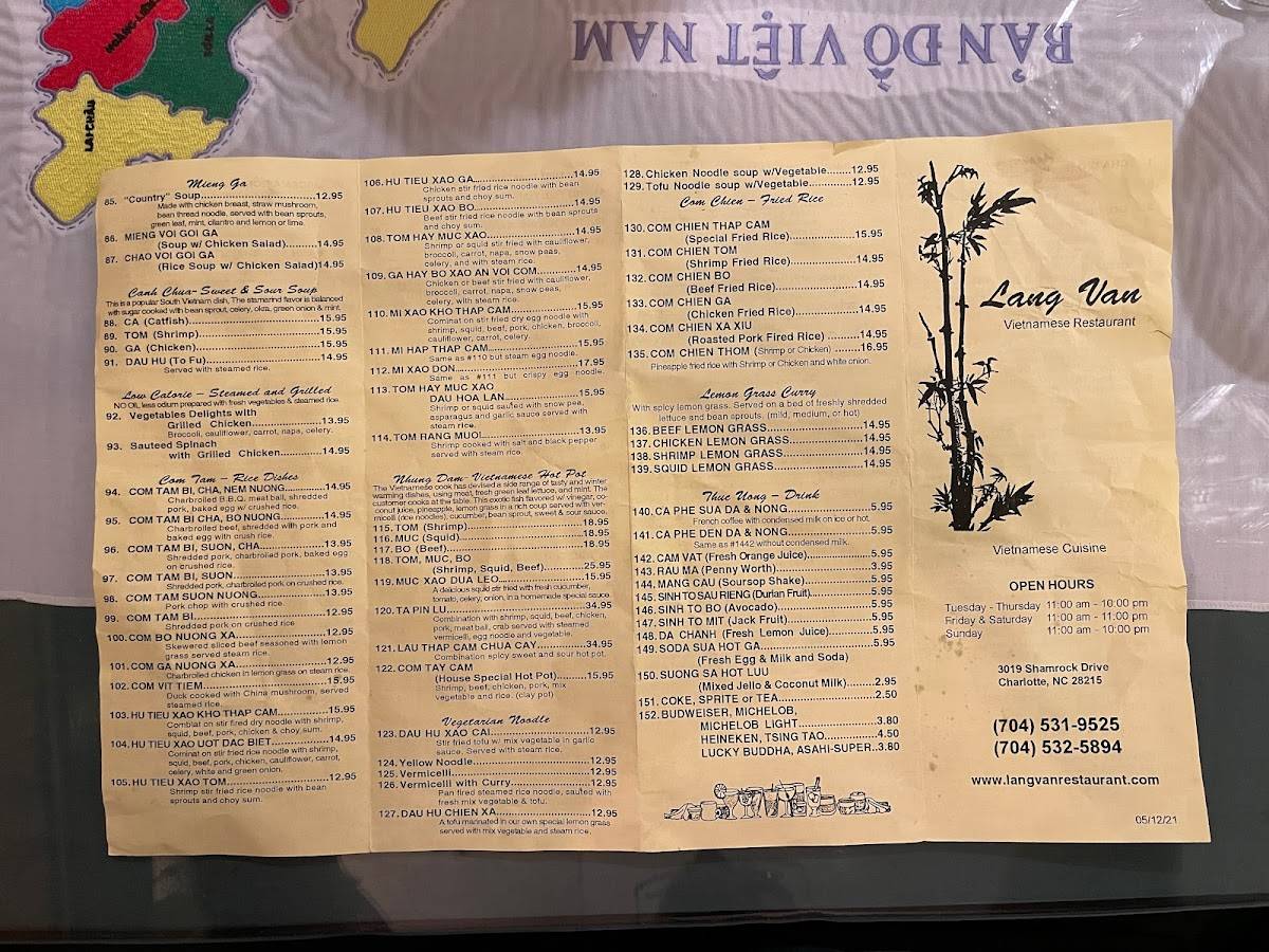 Menu at Lang Van restaurant, Charlotte