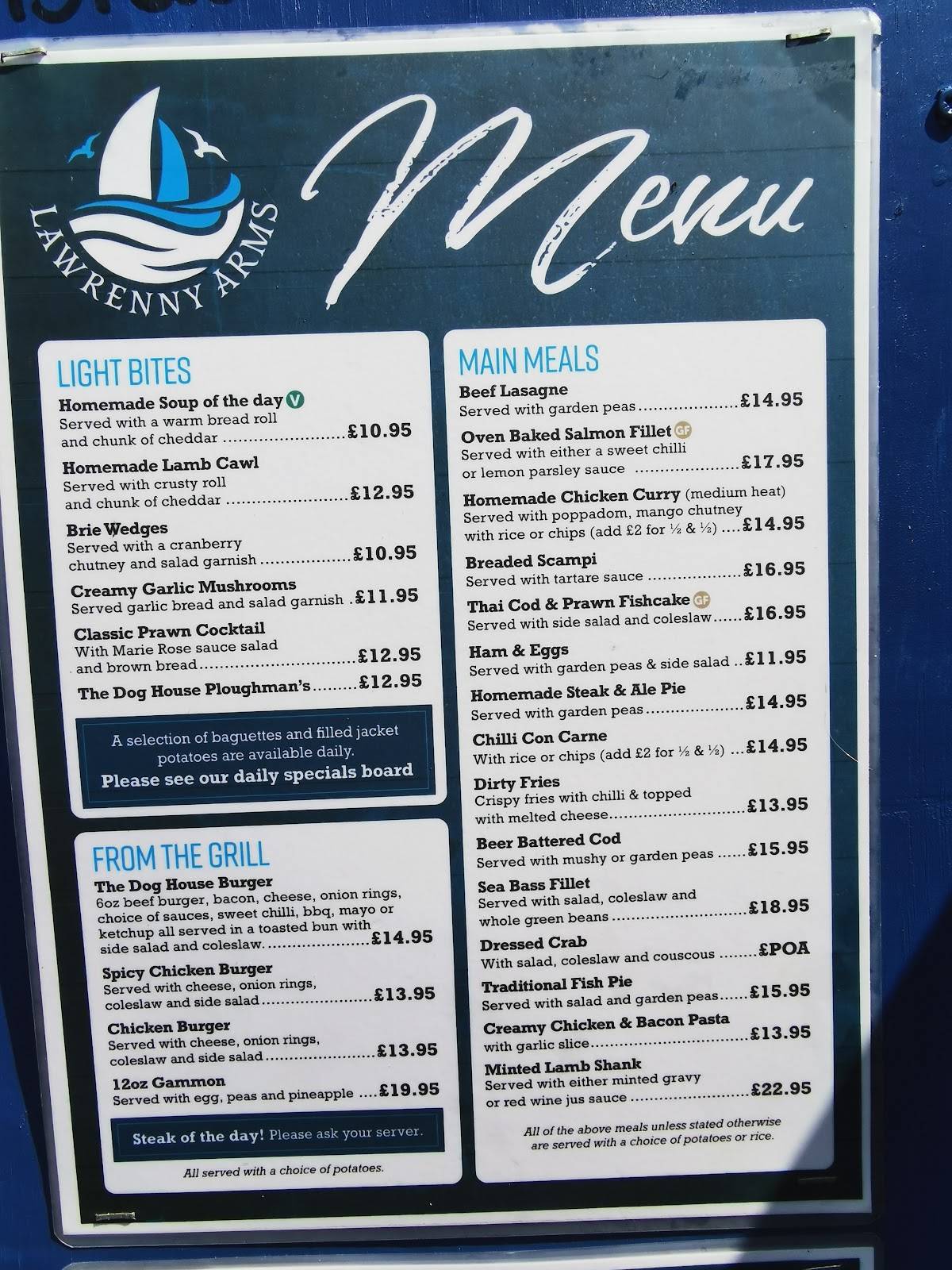 Menu at Lawrenny Arms restaurant, Lawrenny, Lawrenny Road