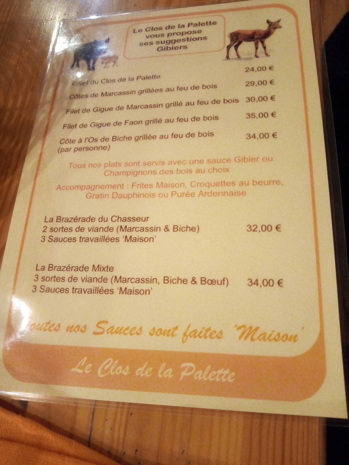 Menu at Le Clos de la Palette, Vresse-sur-Semois, Rue de Jolémont 15