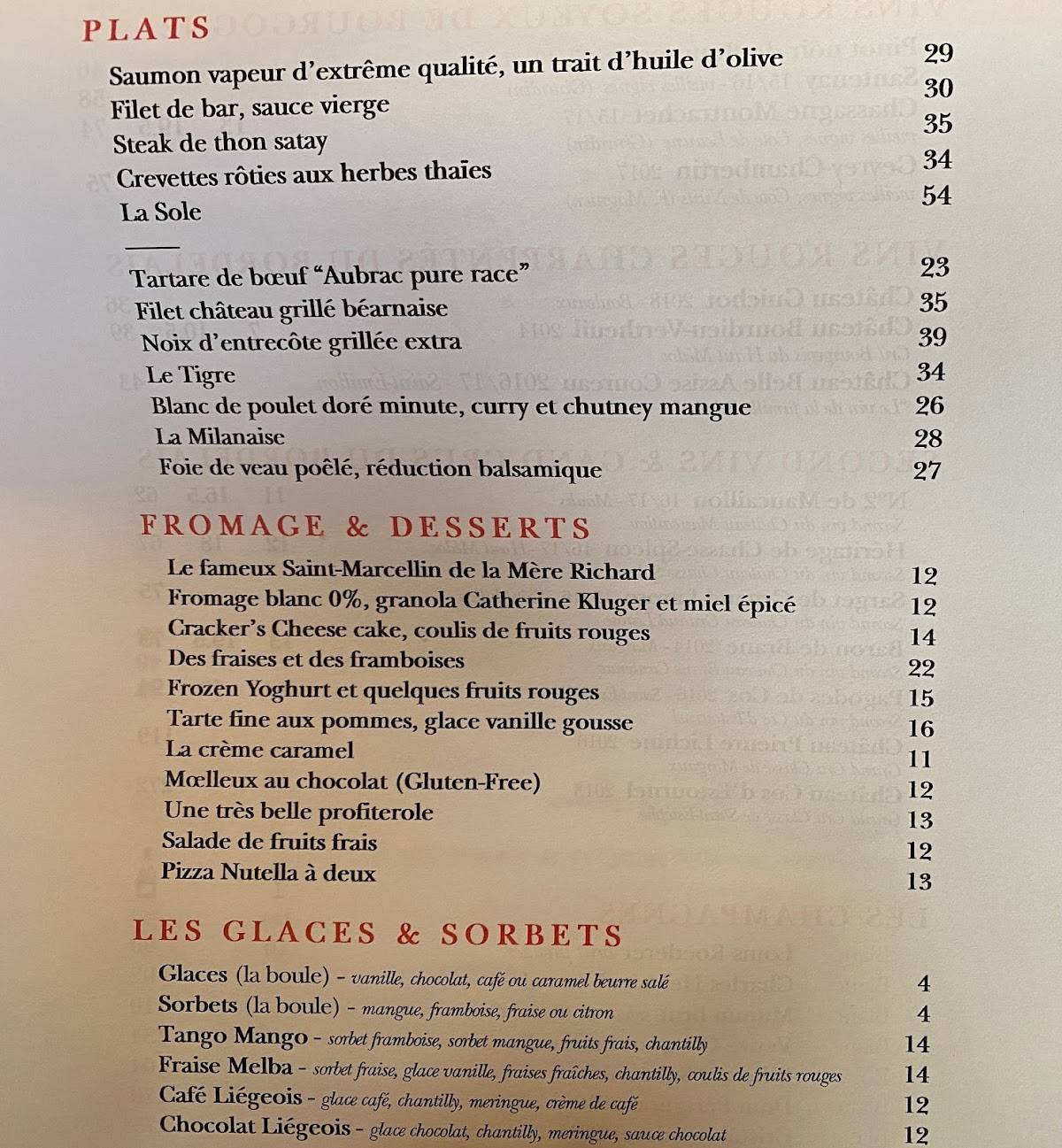 Carta del restaurante Le Coq, Paris, 2 Pl. du Trocadéro et du 11 Novembre