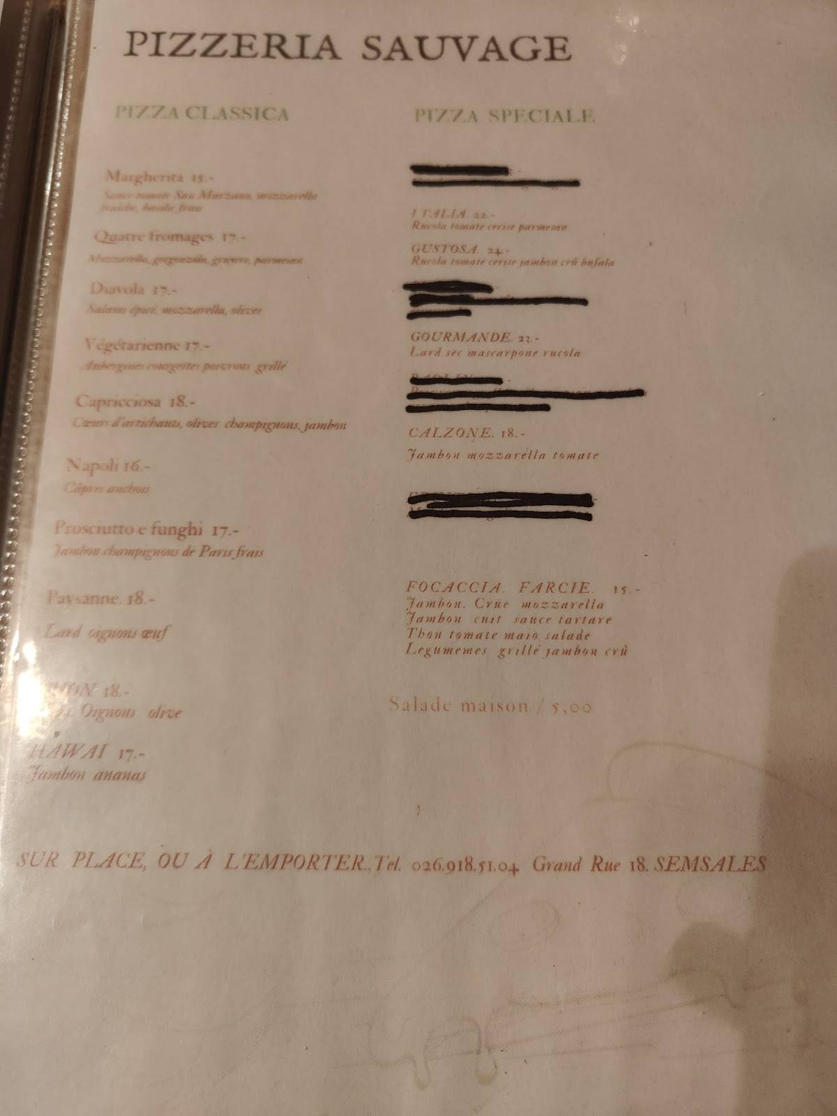 Menu au Le Sauvage, Semsales
