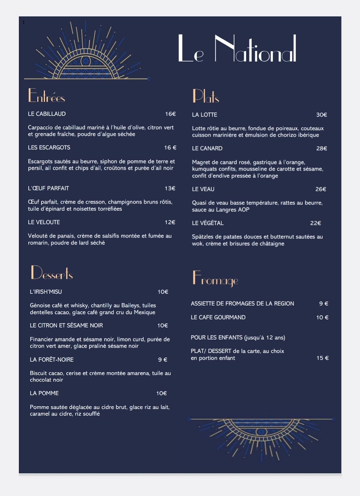 Menu au Le national, Dijon