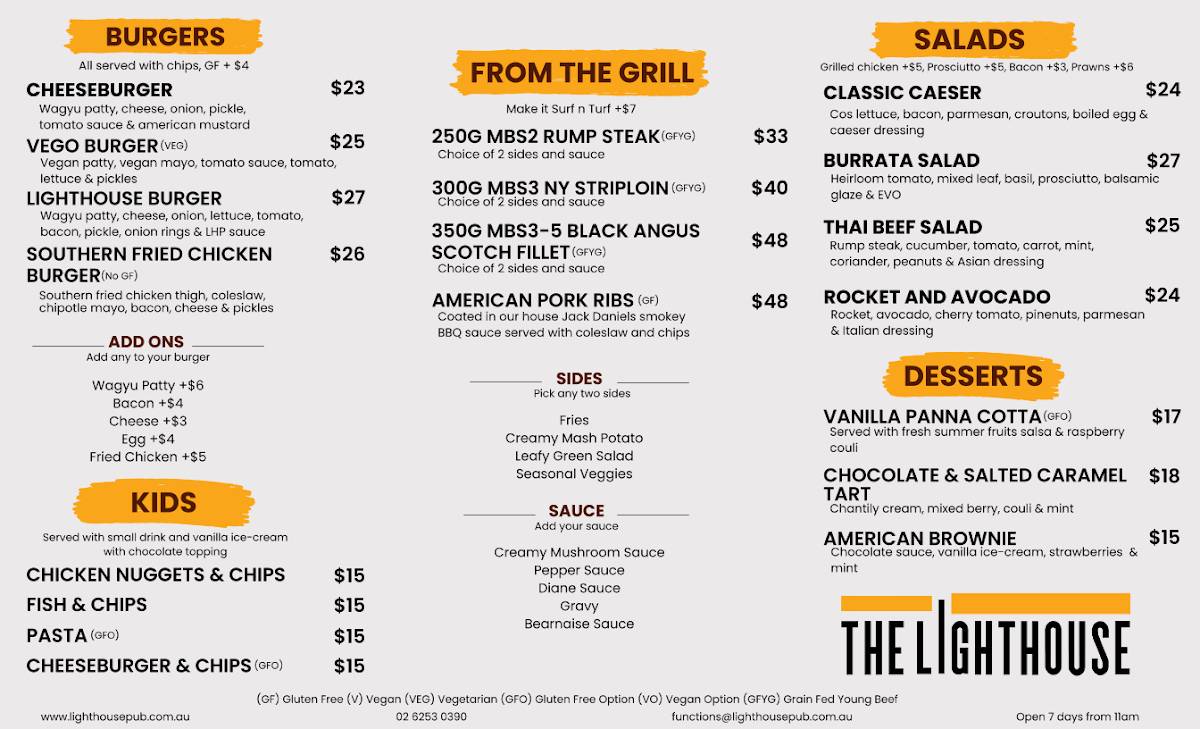 Menu at Lighthouse Pub, Belconnen