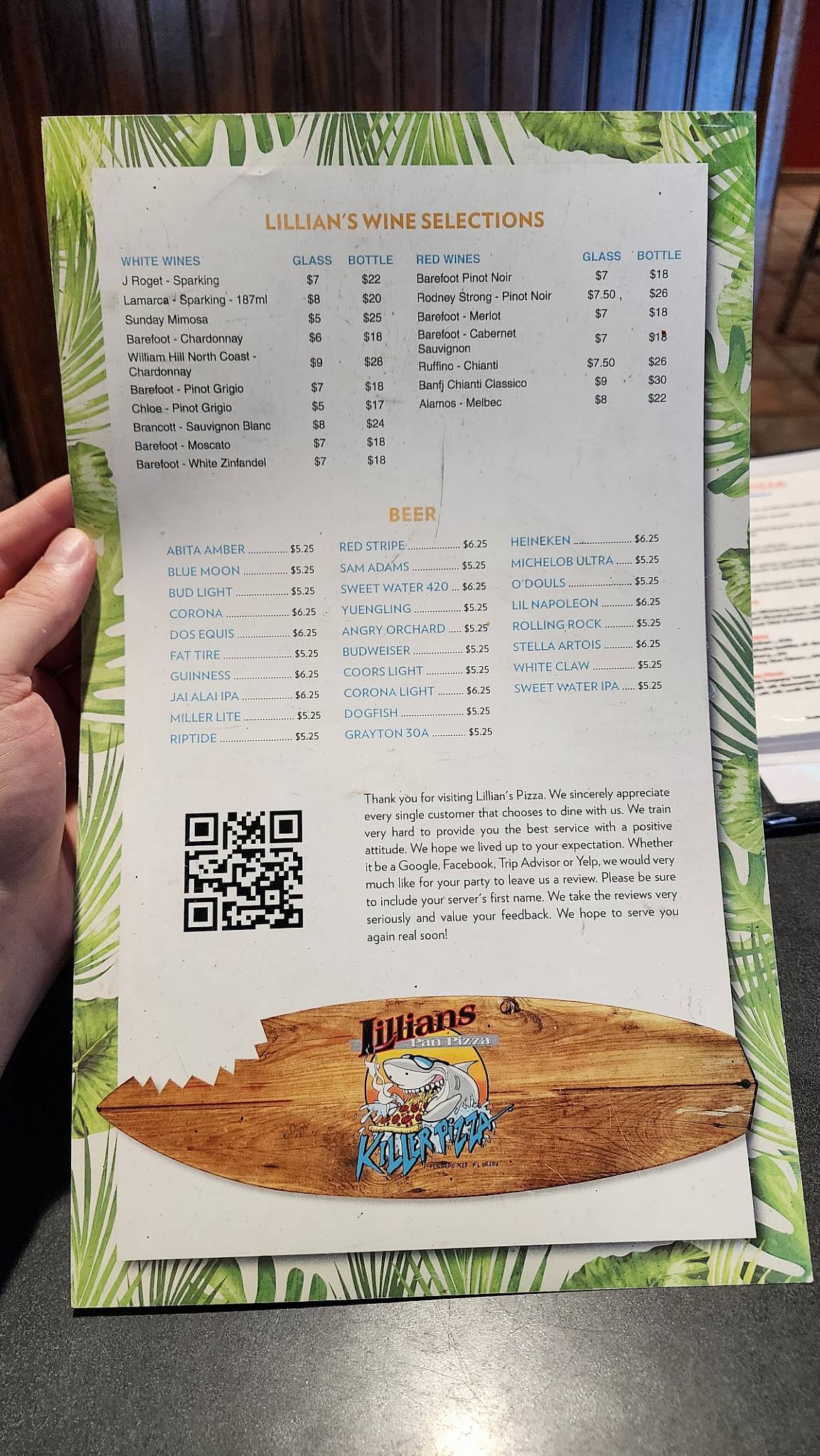 Menu at Lillian’s Pan Pizza restaurant, Perdido Key