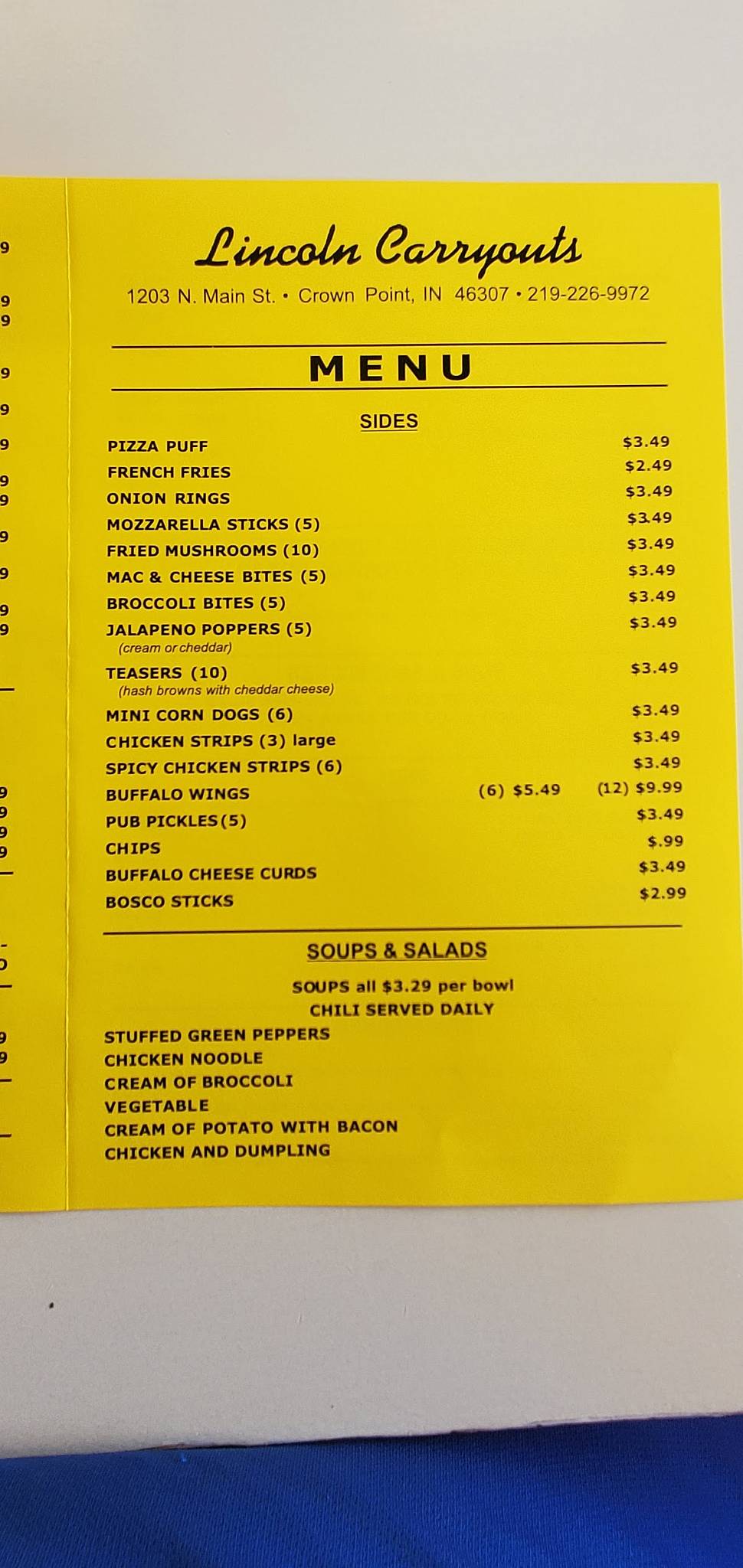 Menu at Lincoln Carryouts restaurant, Crown Point
