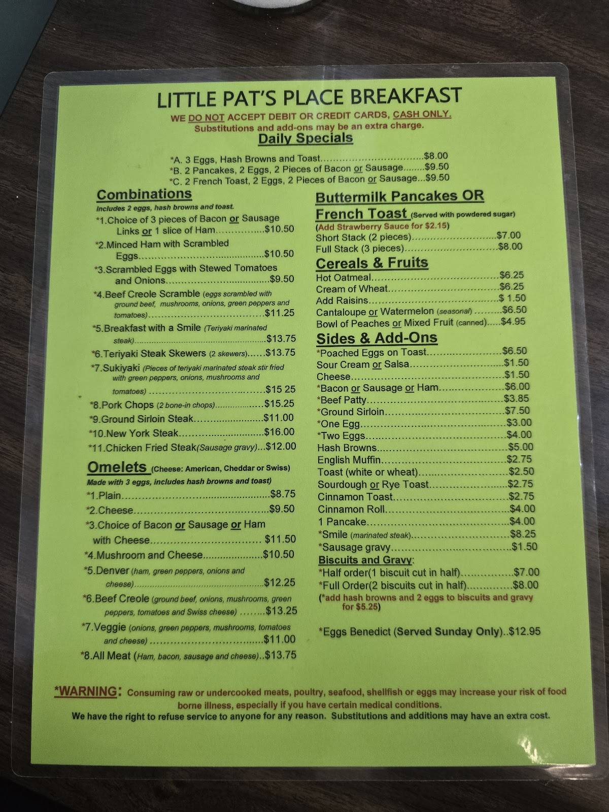 Menu at Little Pat's Place restaurant, Seattle