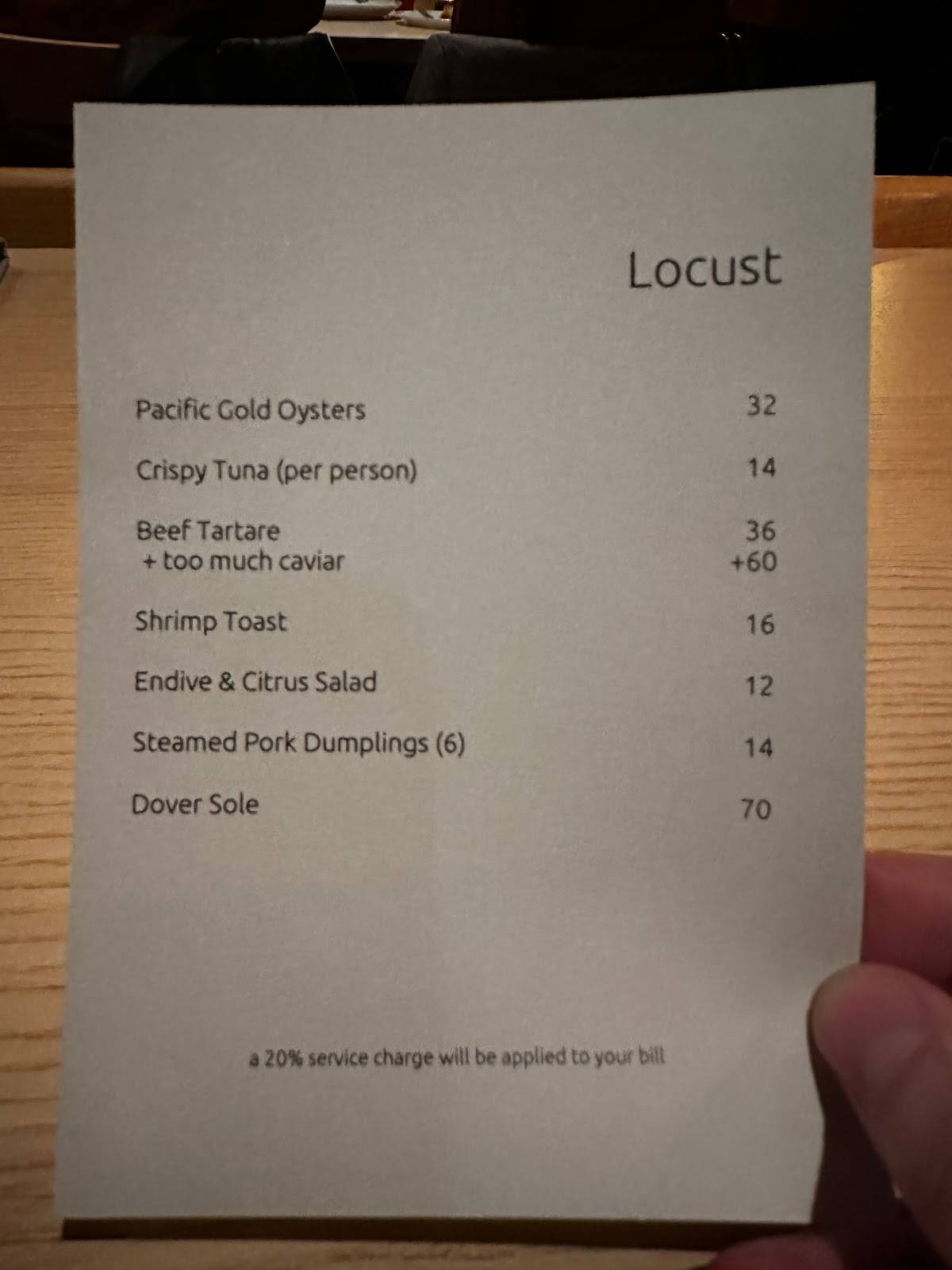 Menu at Locust restaurant, Nashville