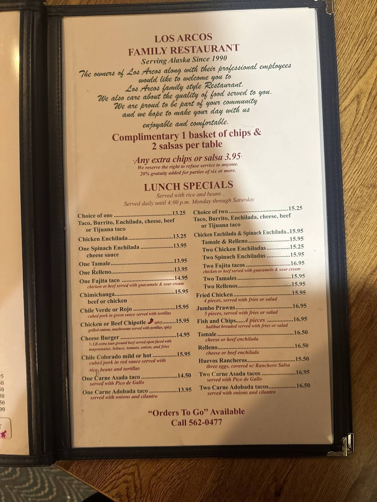 Menu at Los Arcos Mexican Restaurant, Anchorage
