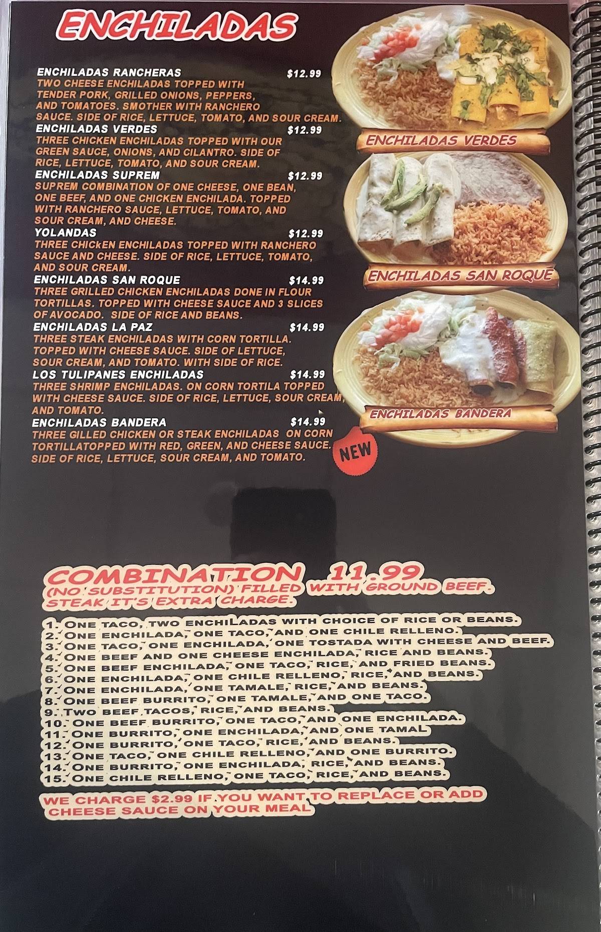 Menu at Los Tulipanes restaurant, Sheldon